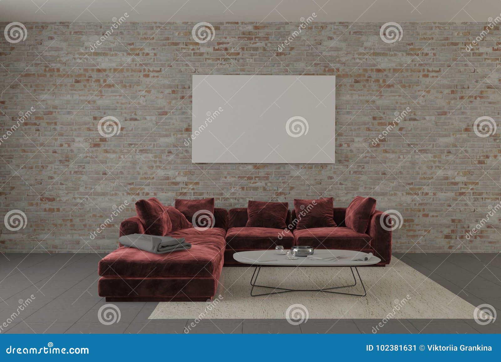 Loft Brick Interior with Red Velvet Sofa and Mock Up Pattern Stock ...