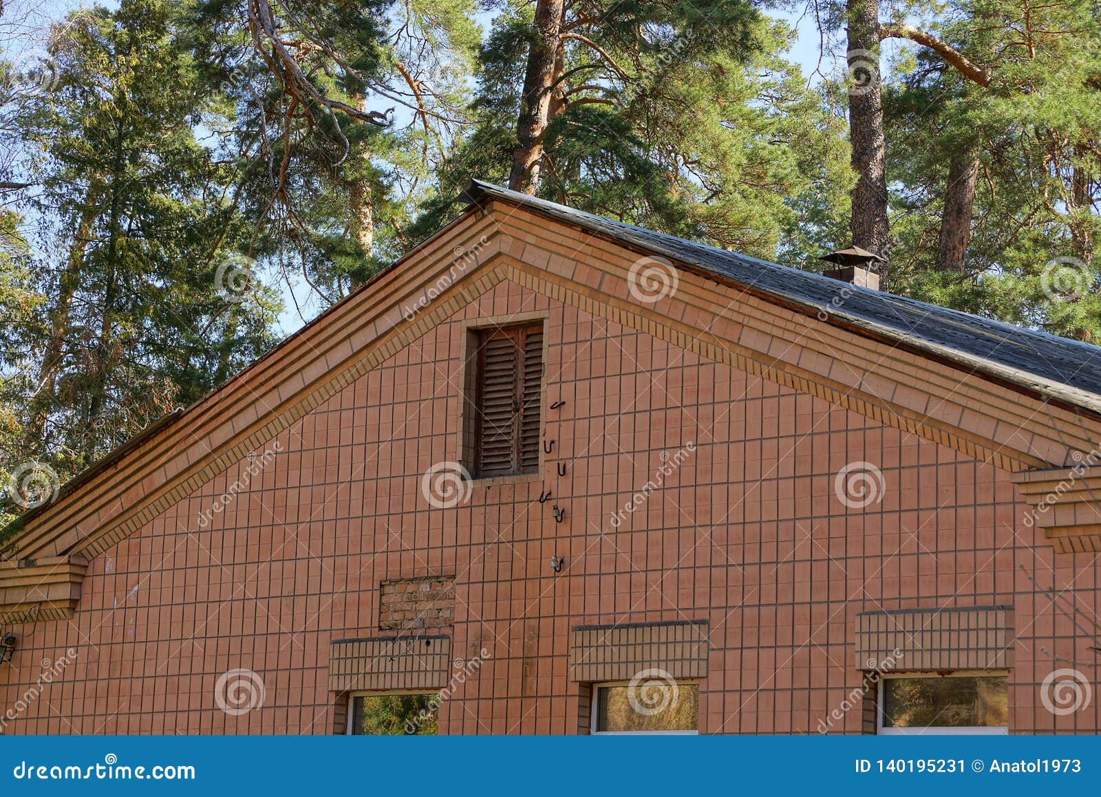 Loft Brown House with Windows on the Background of Trees and Sky Stock ...