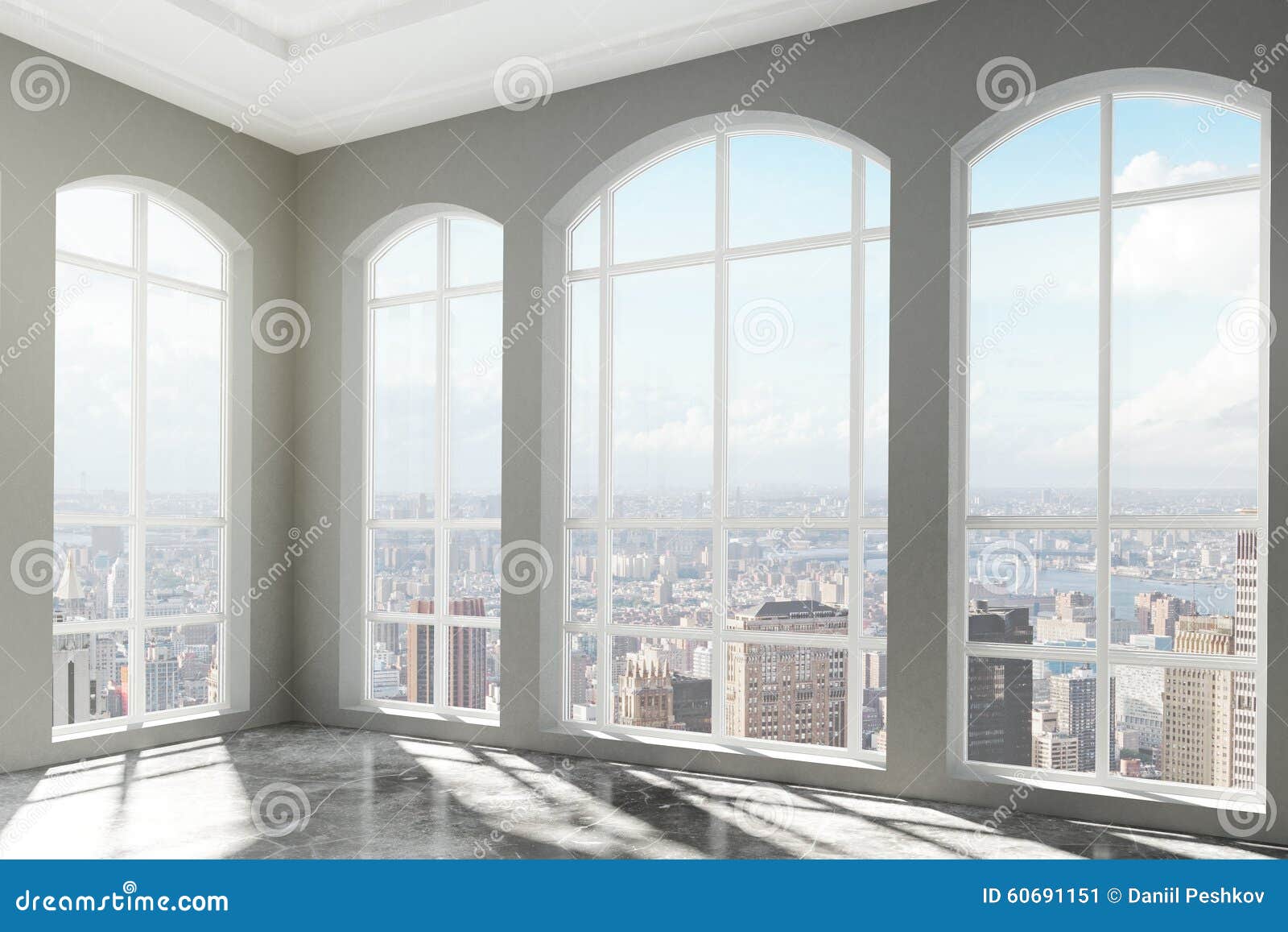 Loft Interior with Big Windows and City View Stock Image - Image of ...