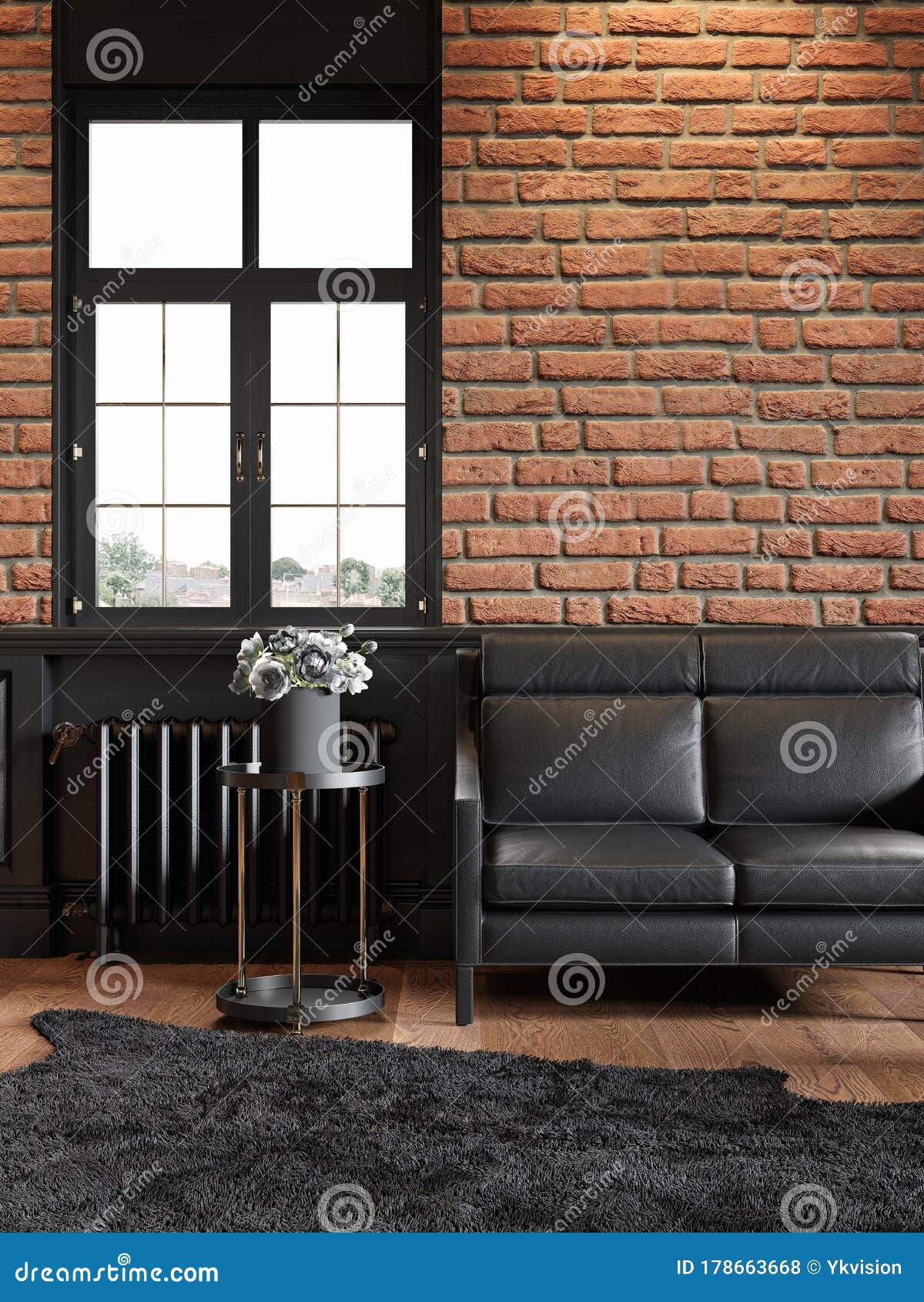 Loft Interior with Brickwall, Leather Couch, Wood Panel, Window and ...