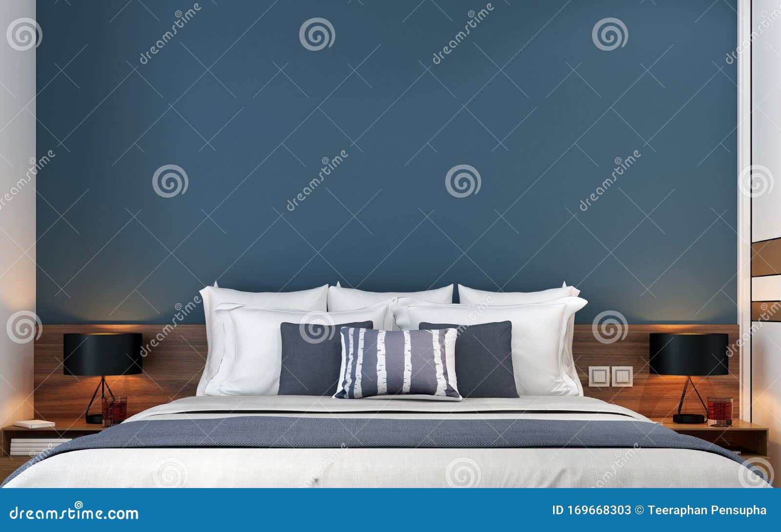 The Loft Interior Design of Bedroom and Blue Wall Background Stock ...