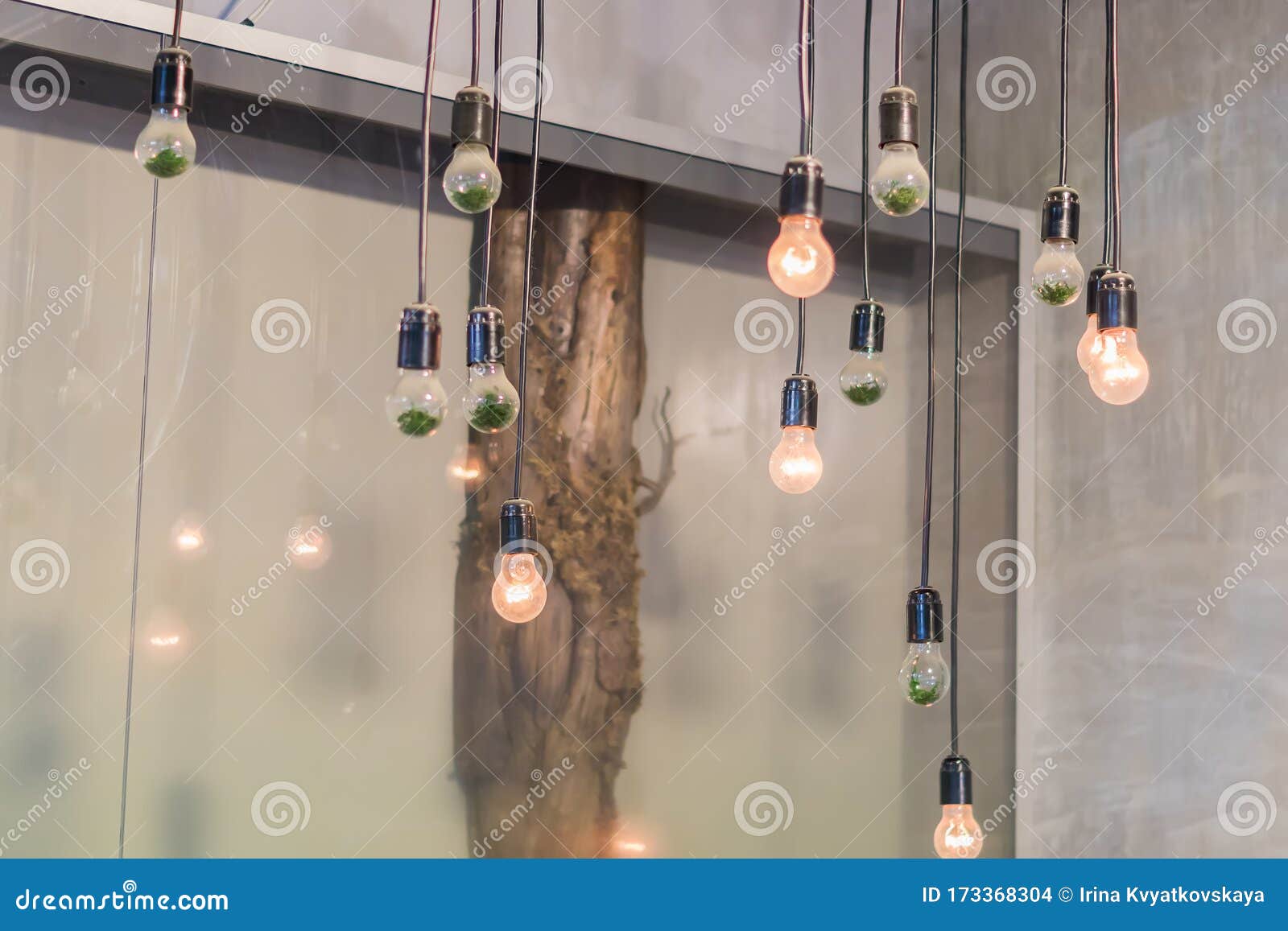 Loft Interior Details. Hanging Lamps with Lights on Stock Photo - Image ...