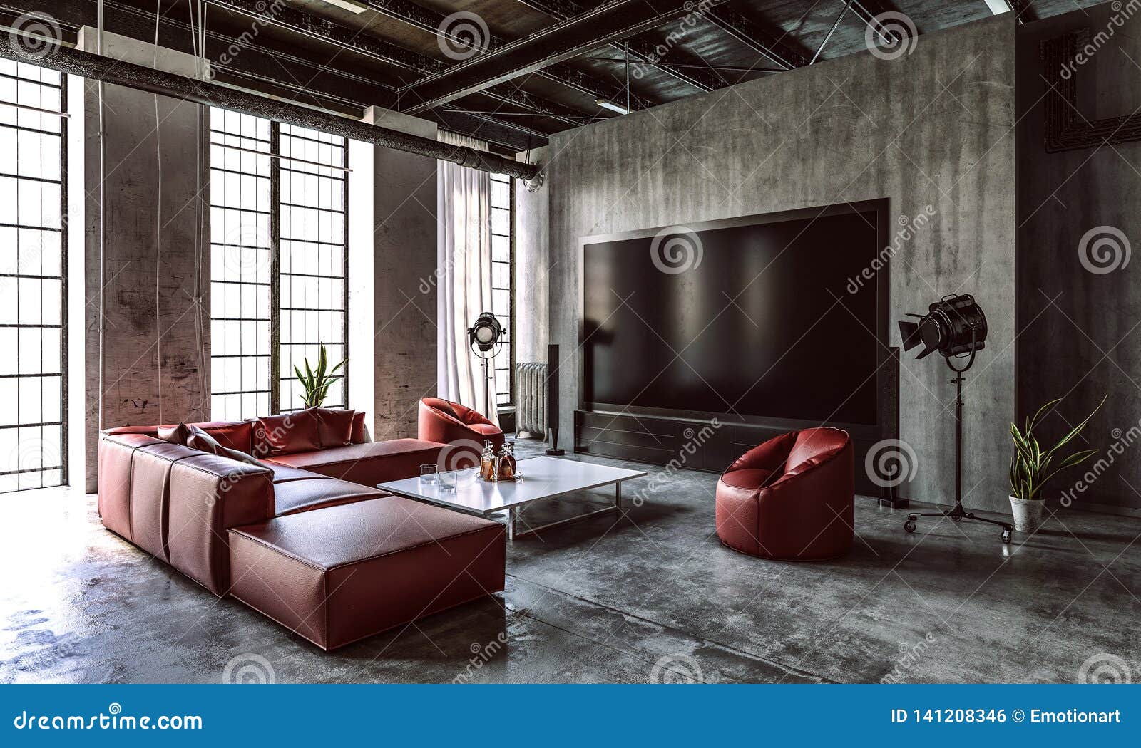 Loft Interior Room with Home Cinema TV Stock Illustration ...