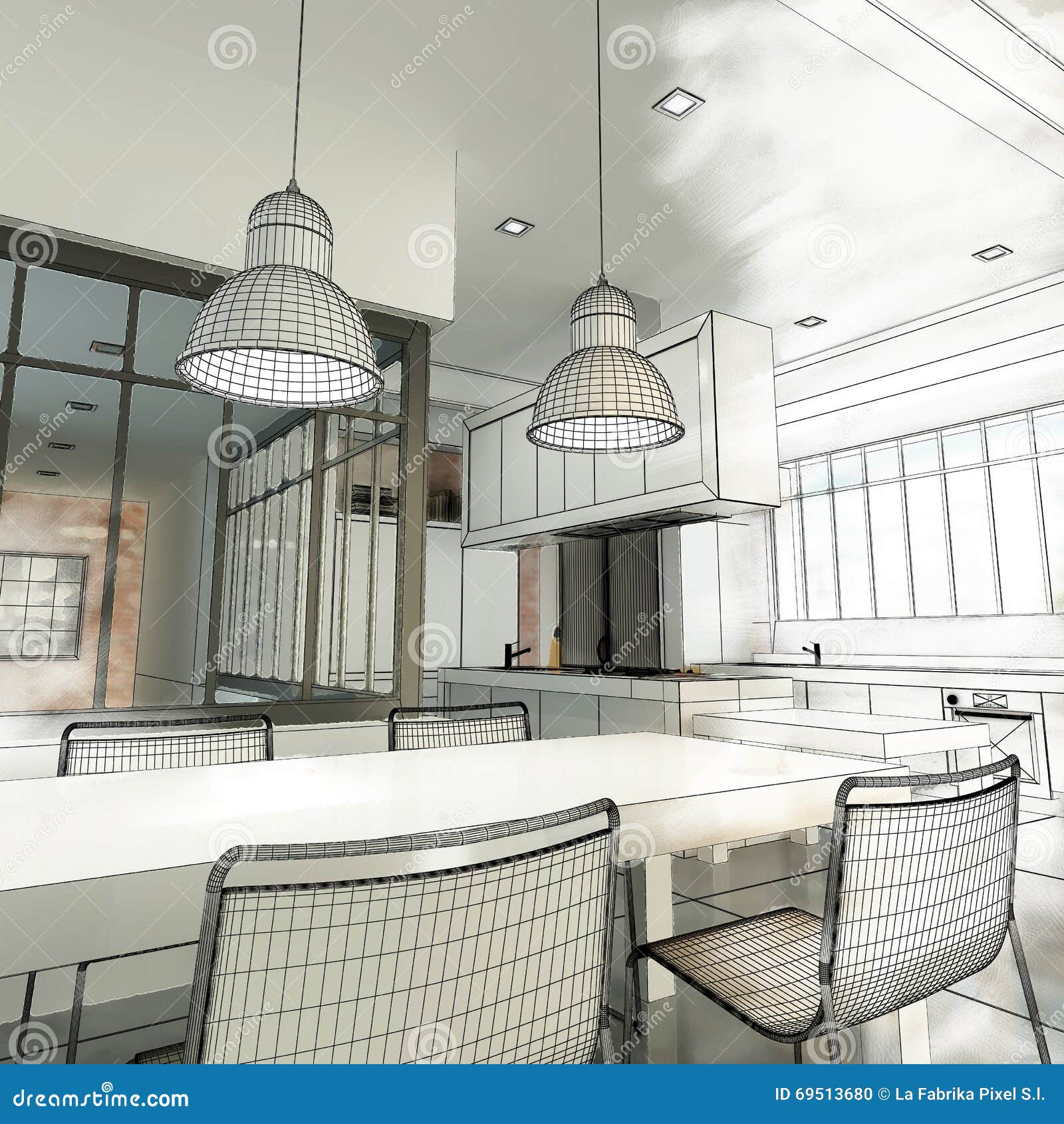 Loft kitchen wireframe stock illustration. Illustration of expensive ...