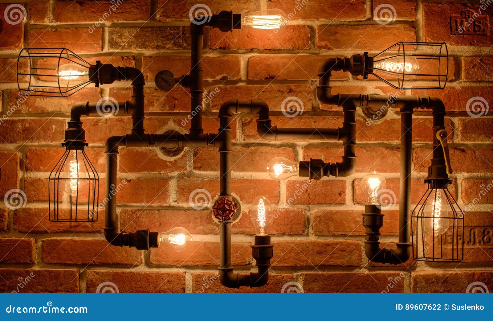 Loft Lamp with Edison Lamps on a Brick Wall Background Stock Photo ...