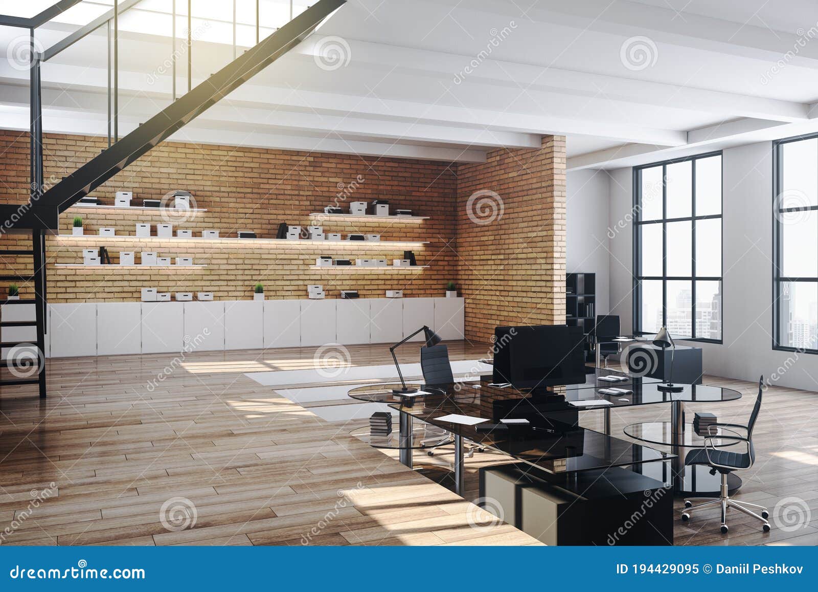 Loft Office Desk with Personal Computer and Supplies Stock Illustration ...