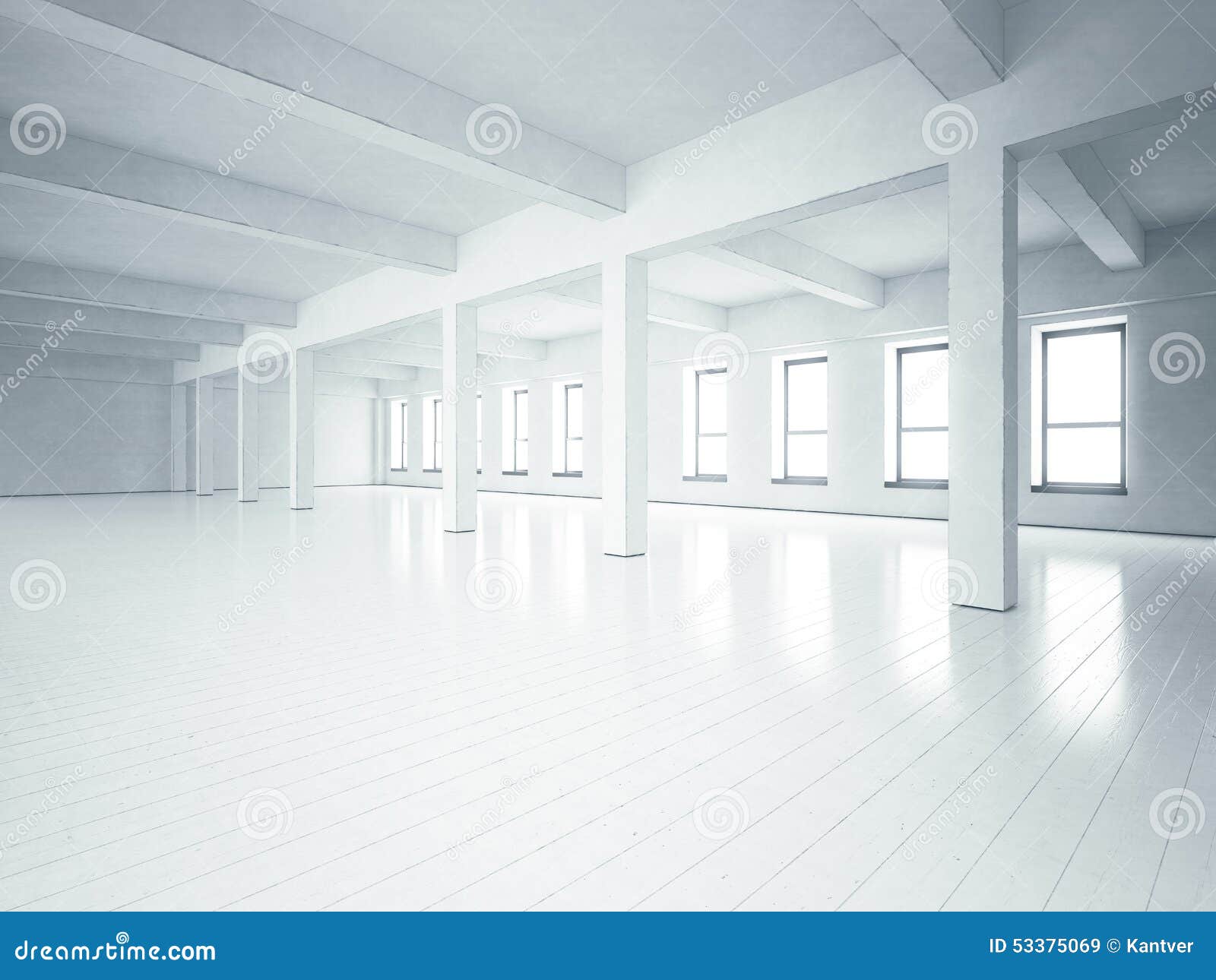 Loft Space with White Concrete Walls. 3D Rendering Stock Image - Image ...