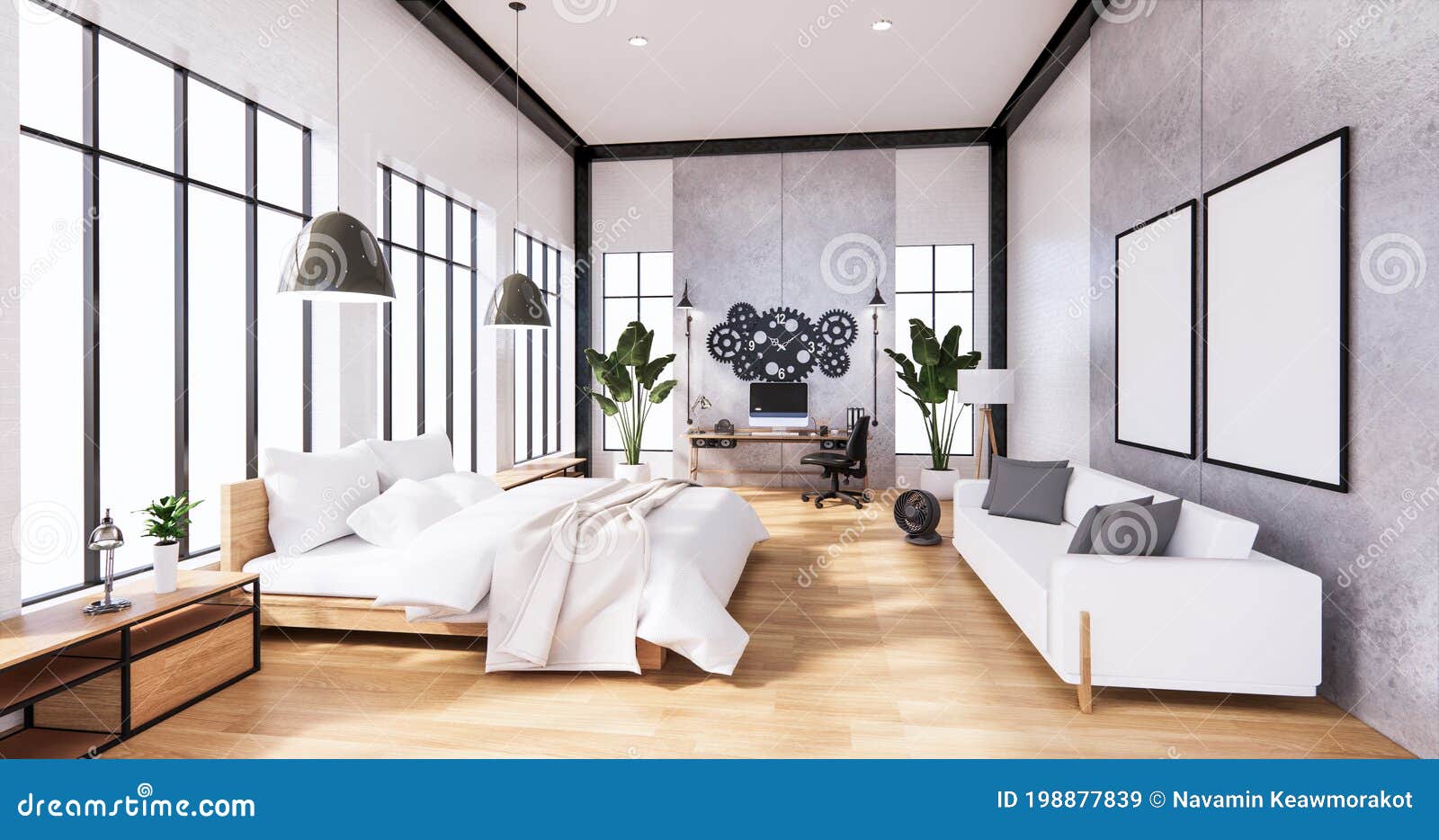 The Loft Style Bedroom Interior ,Computer, Office Tool on Desk, Sofa ...