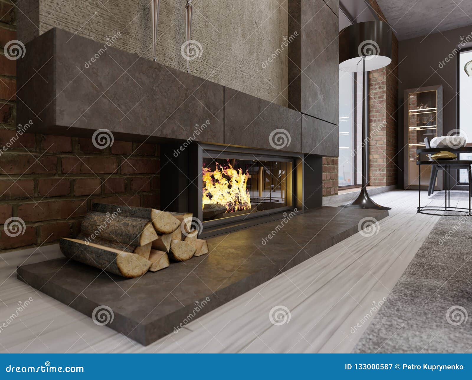 Loft-style Designer Fireplace, Built-in Firebox with Burning Fire and ...