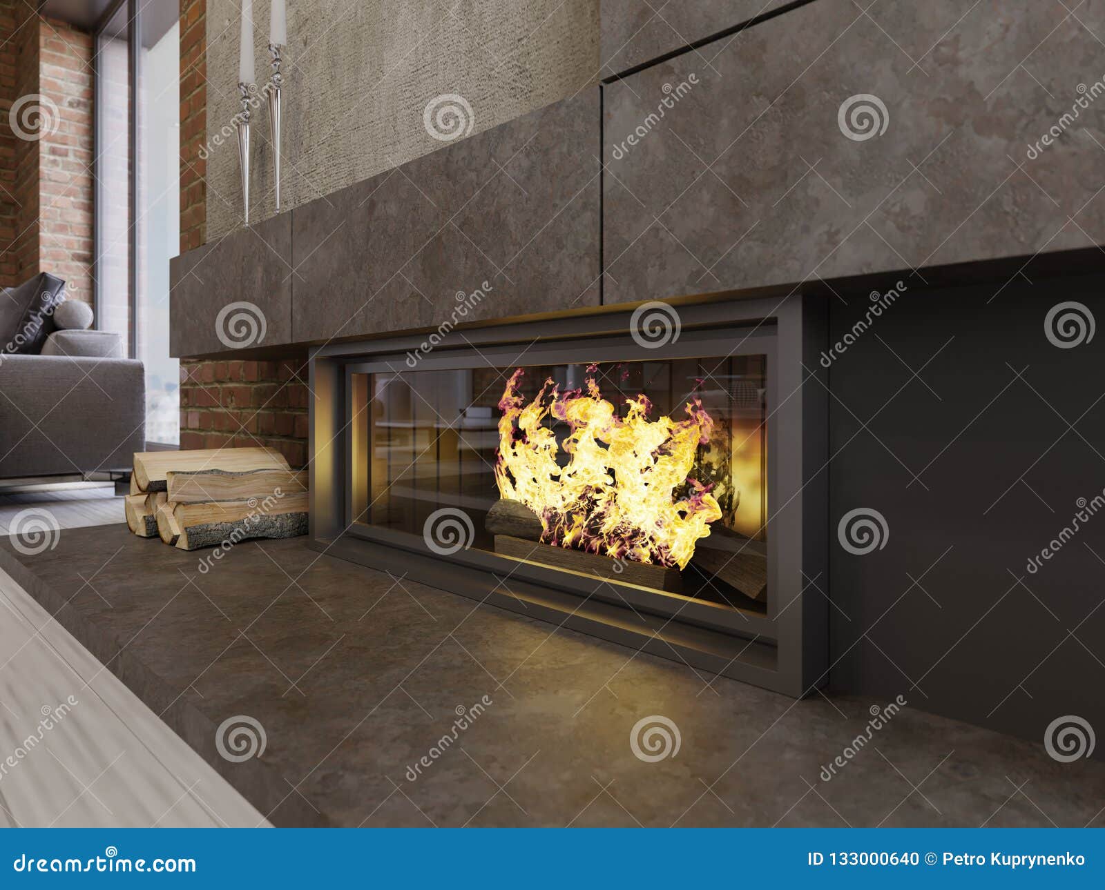Loft-style Designer Fireplace, Built-in Firebox with Burning Fire and ...