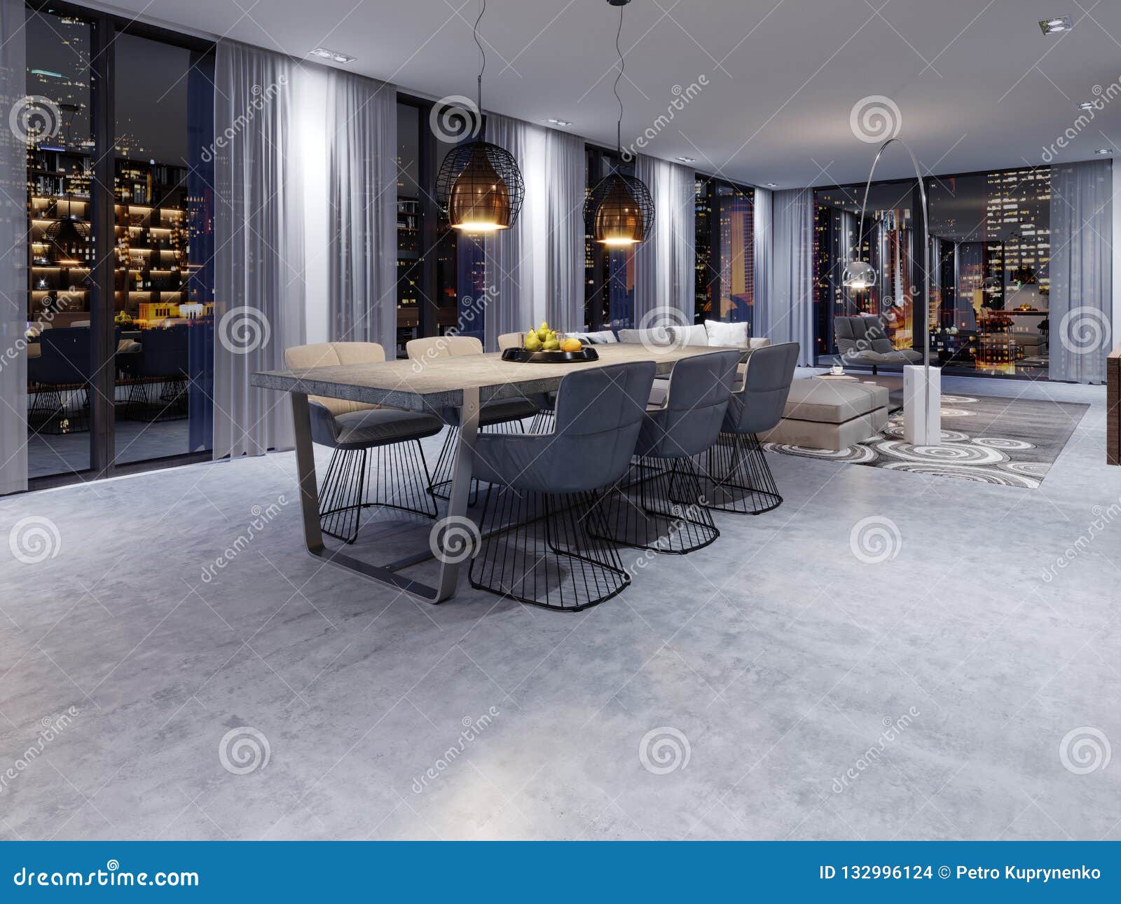 Loft-style Dining Room with Large Table and Solid Concrete Worktop, Six ...