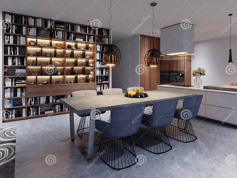 Loft-style Dining Room with Large Table and Solid Concrete Worktop, Six ...