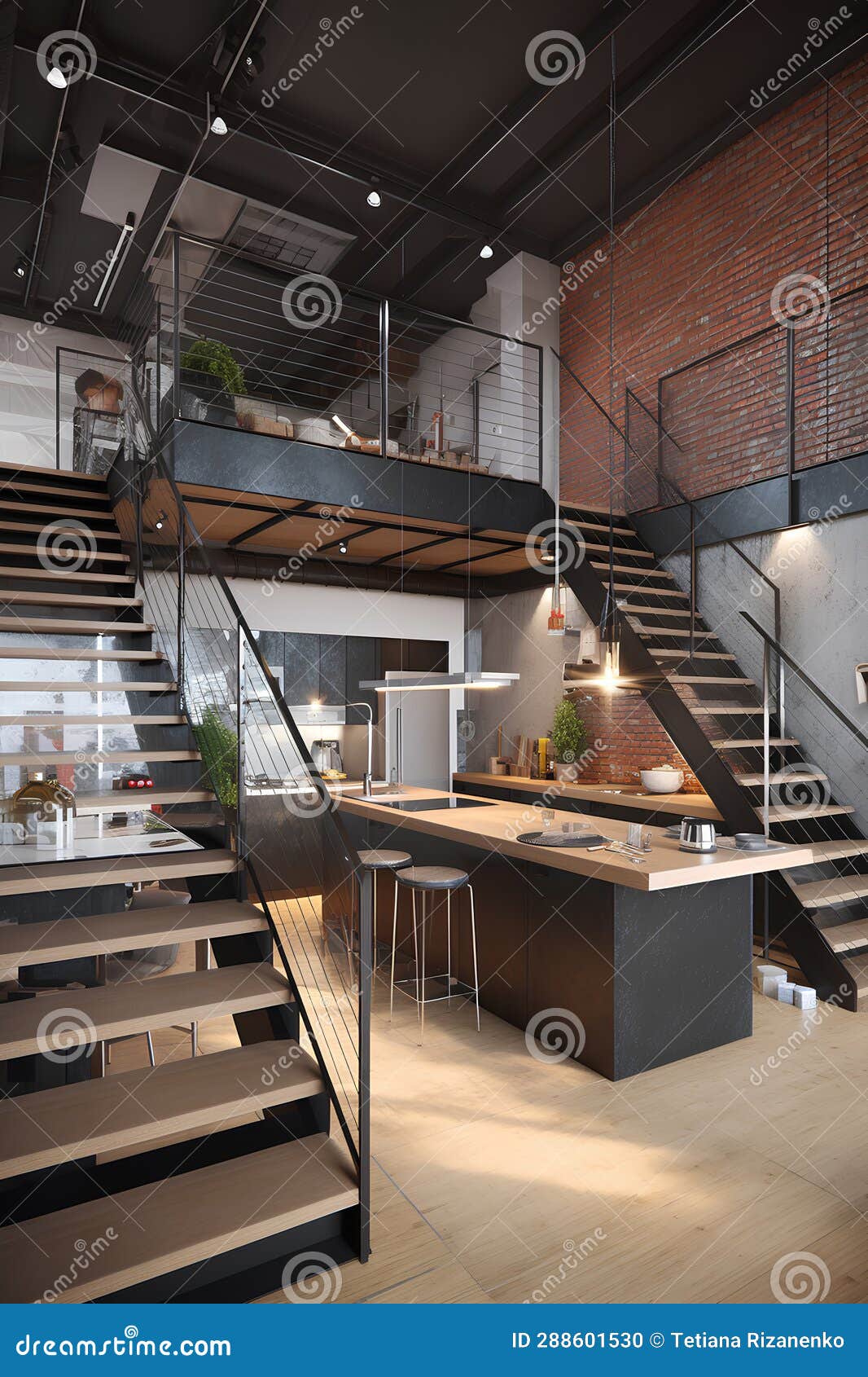 Loft Style Kitchen Interior in Luxury House Stock Illustration ...