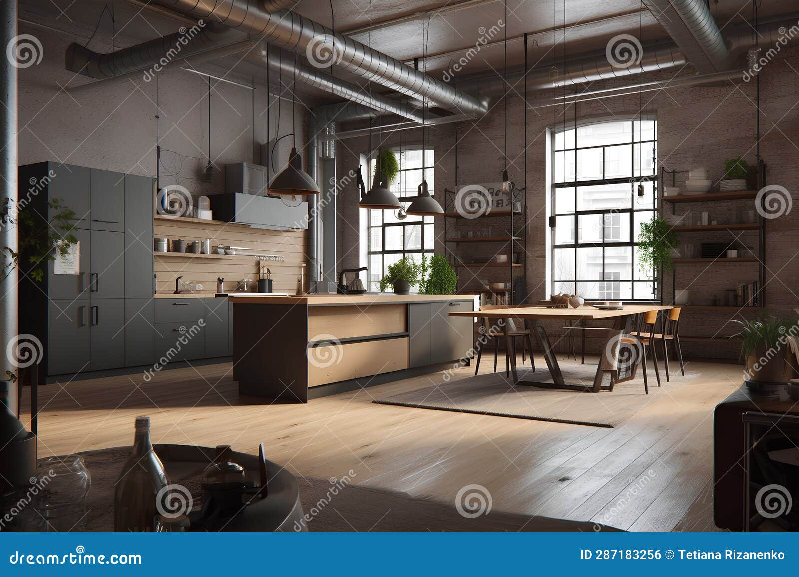 Loft Style Kitchen Interior in Luxury House Stock Illustration ...
