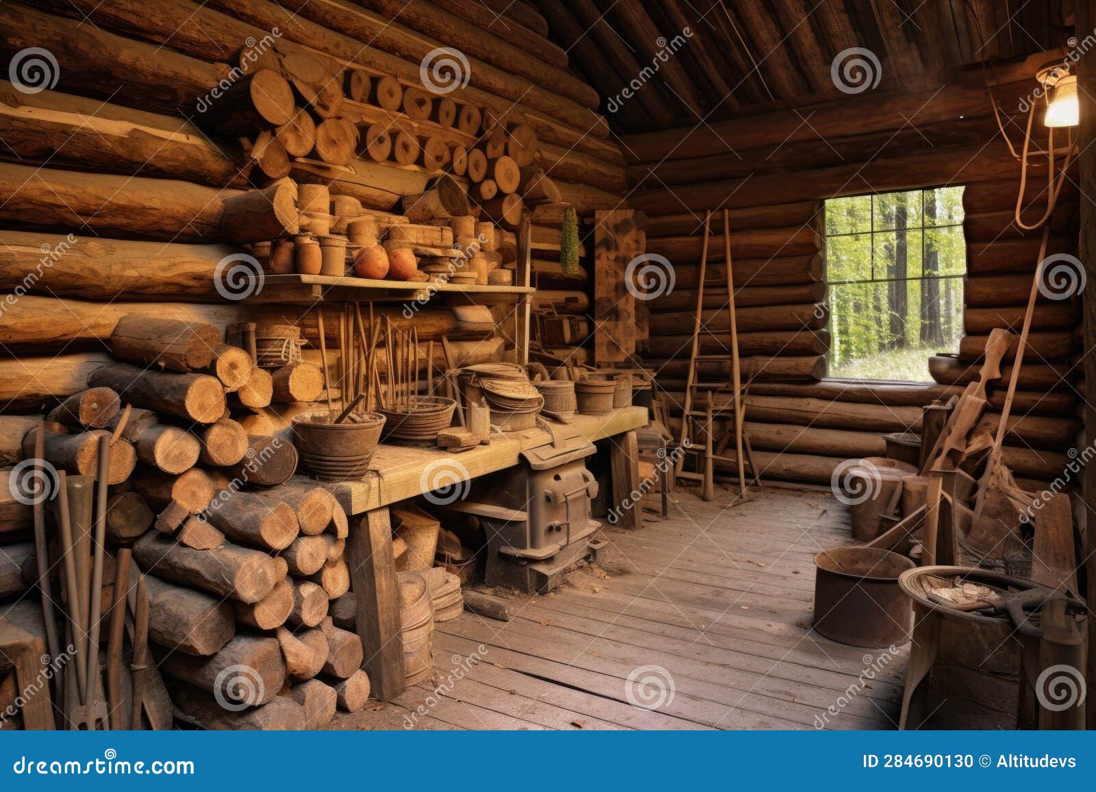 Log Cabin Construction with Stacked Logs and Tools Stock Illustration ...