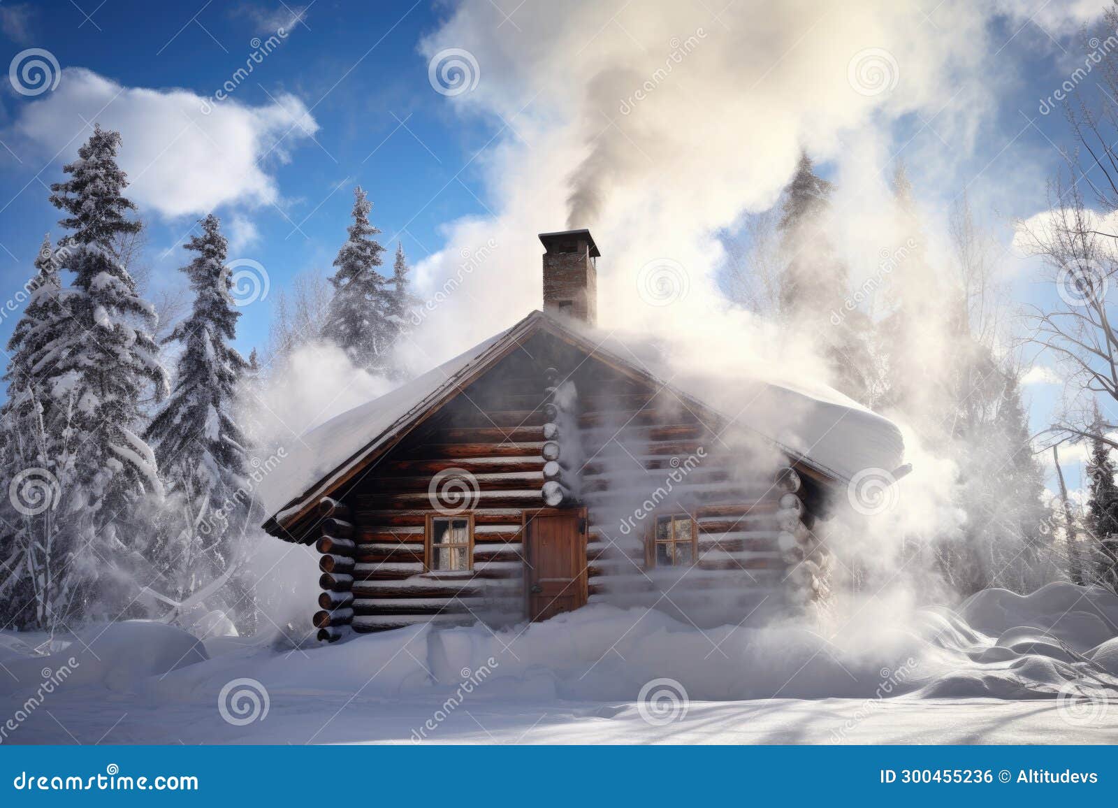 Log Cabin Covered with Fresh Snow, Smoke Billowing from the Chimney ...