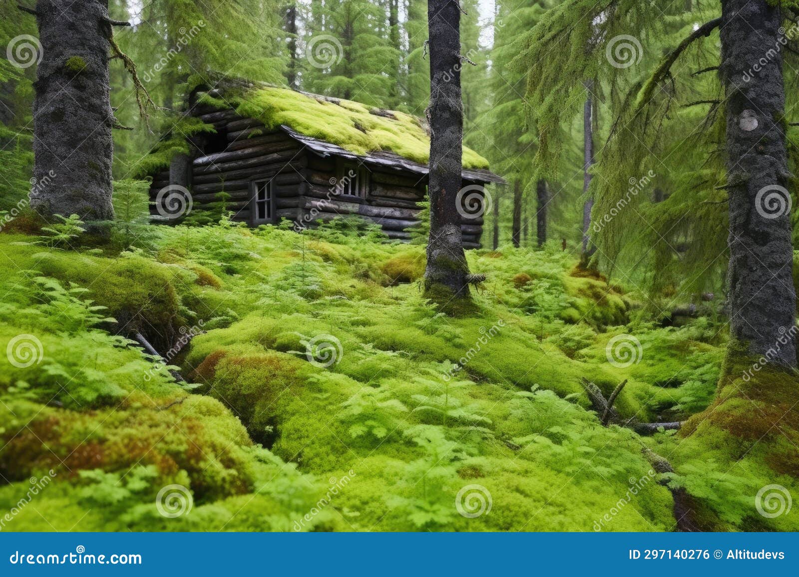 A Log Cabin Covered in Moss among Dense Trees Stock Photo - Image of ...