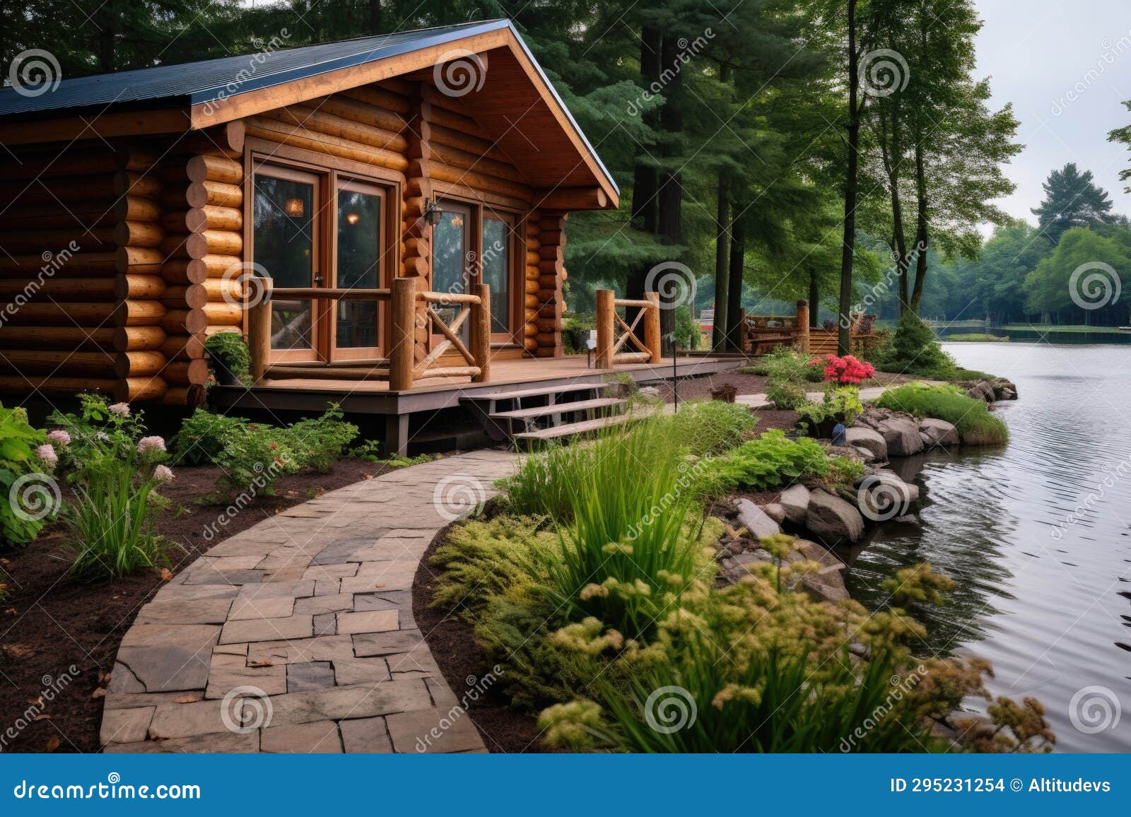 Log Cabin with a Dock and a Path Leading To the Forest Stock Photo ...