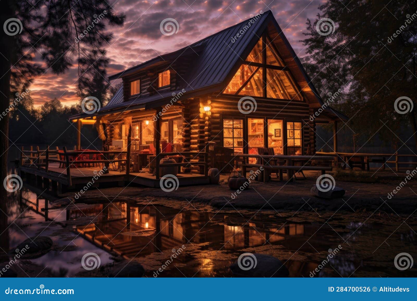 Log Cabin at Dusk with Warm Lights Shining through Windows Stock ...