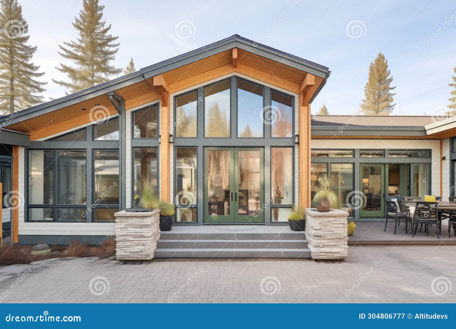 Log Cabin Facade with Expansive Glass Windows Nestled in a Forest Stock ...