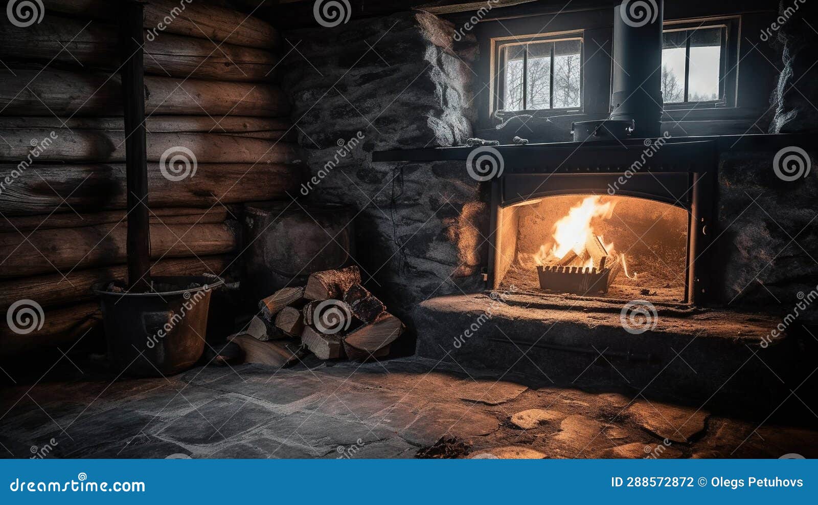 A Log Cabin with a Fire in the Fireplace and Logs Stock Photo - Image ...
