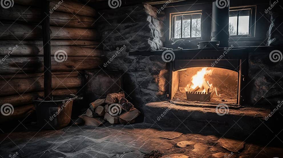 A Log Cabin with a Fire in the Fireplace and Logs Stock Photo - Image ...