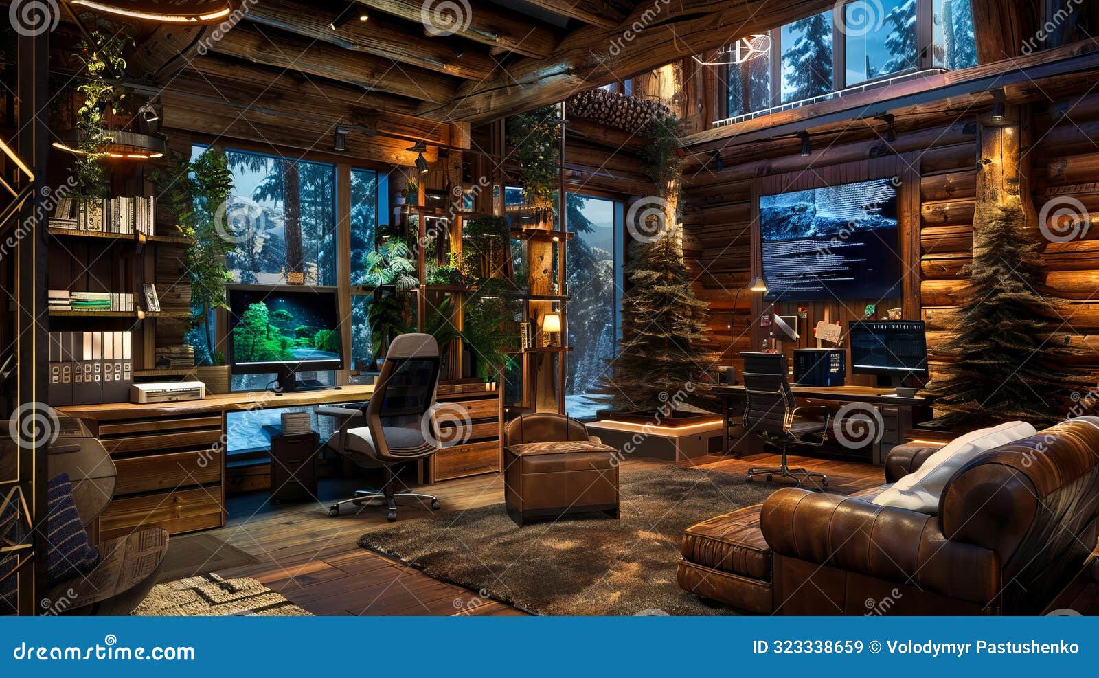 A Log Cabin with a Fireplace and a Large Desk Stock Image - Image of ...