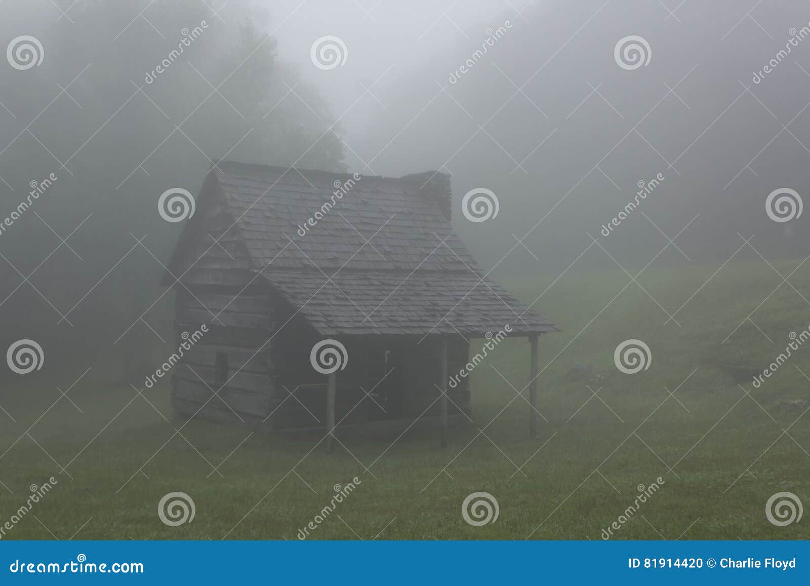 Log cabin in fog stock photo. Image of color, cabin, mountain - 81914420