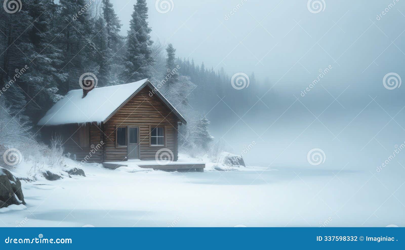 A Log Cabin on a Frozen Lake in the Mist Stock Illustration ...