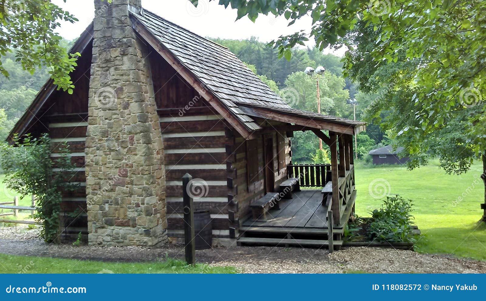 Log cabin stock photo. Image of stones, stone, porch - 118082572