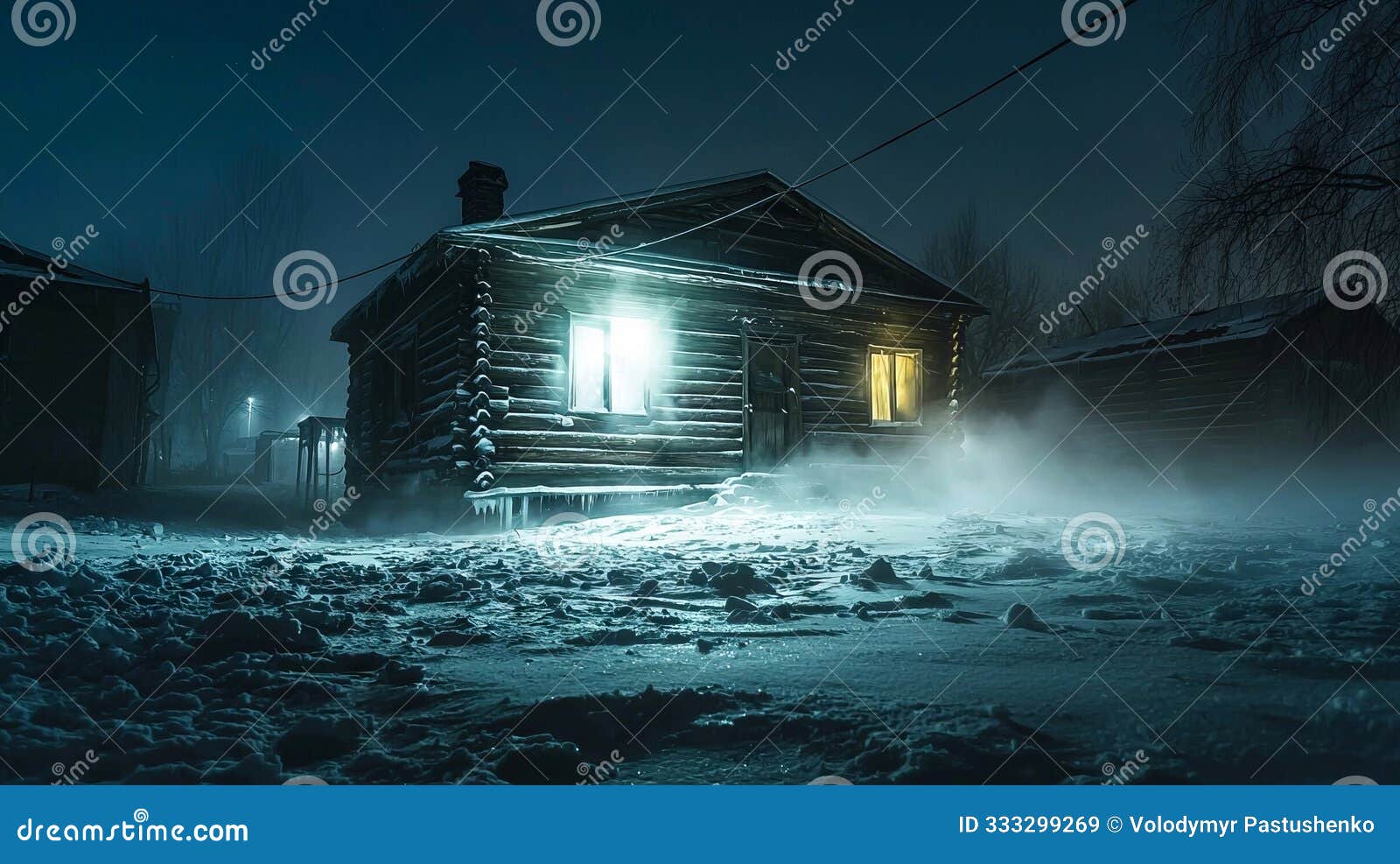 A Log Cabin in the Middle of a Snowy Field at Night Stock Image - Image ...