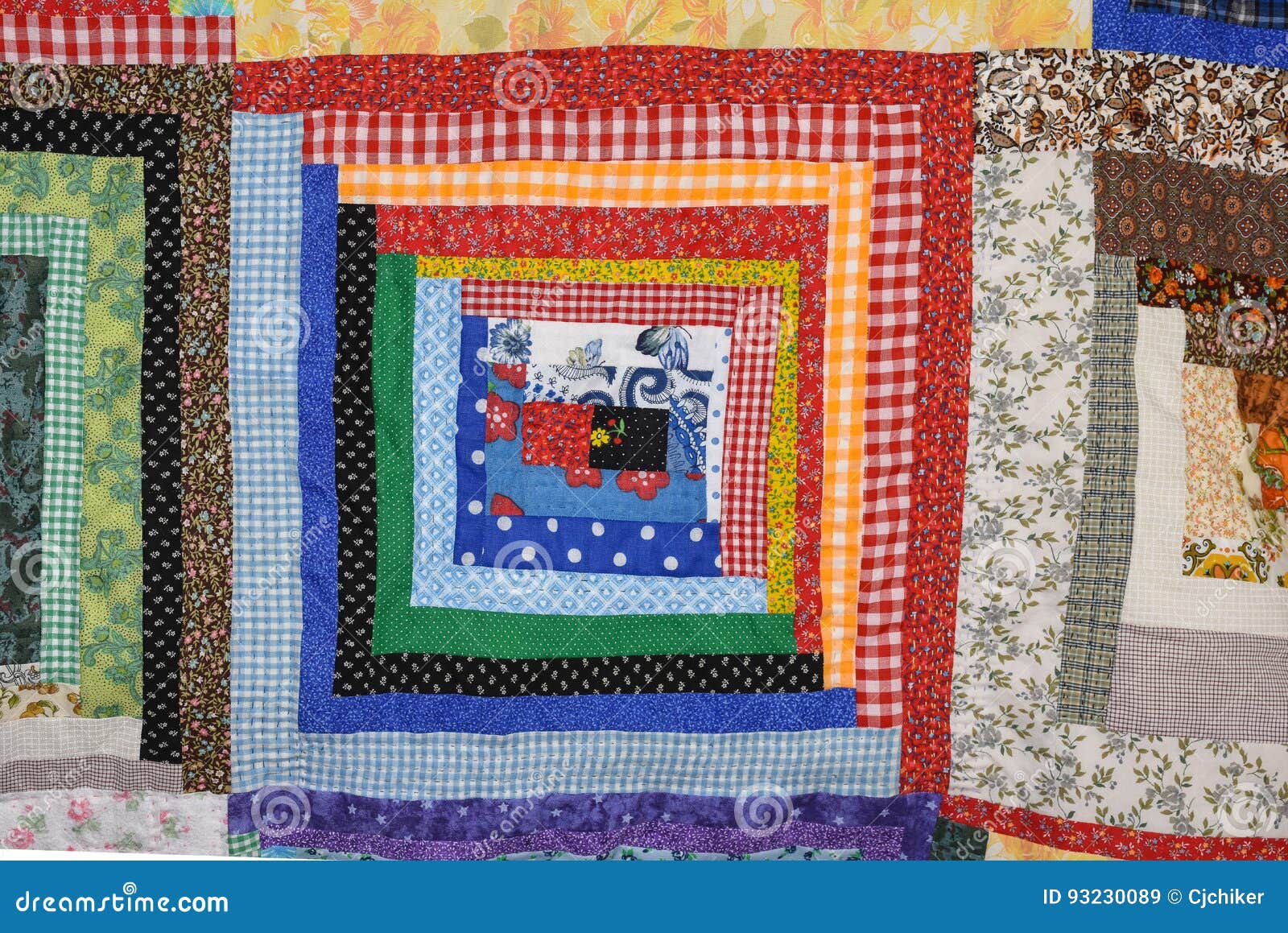 Log Cabin Quilt Square Red and Blue Stock Image - Image of stitching ...