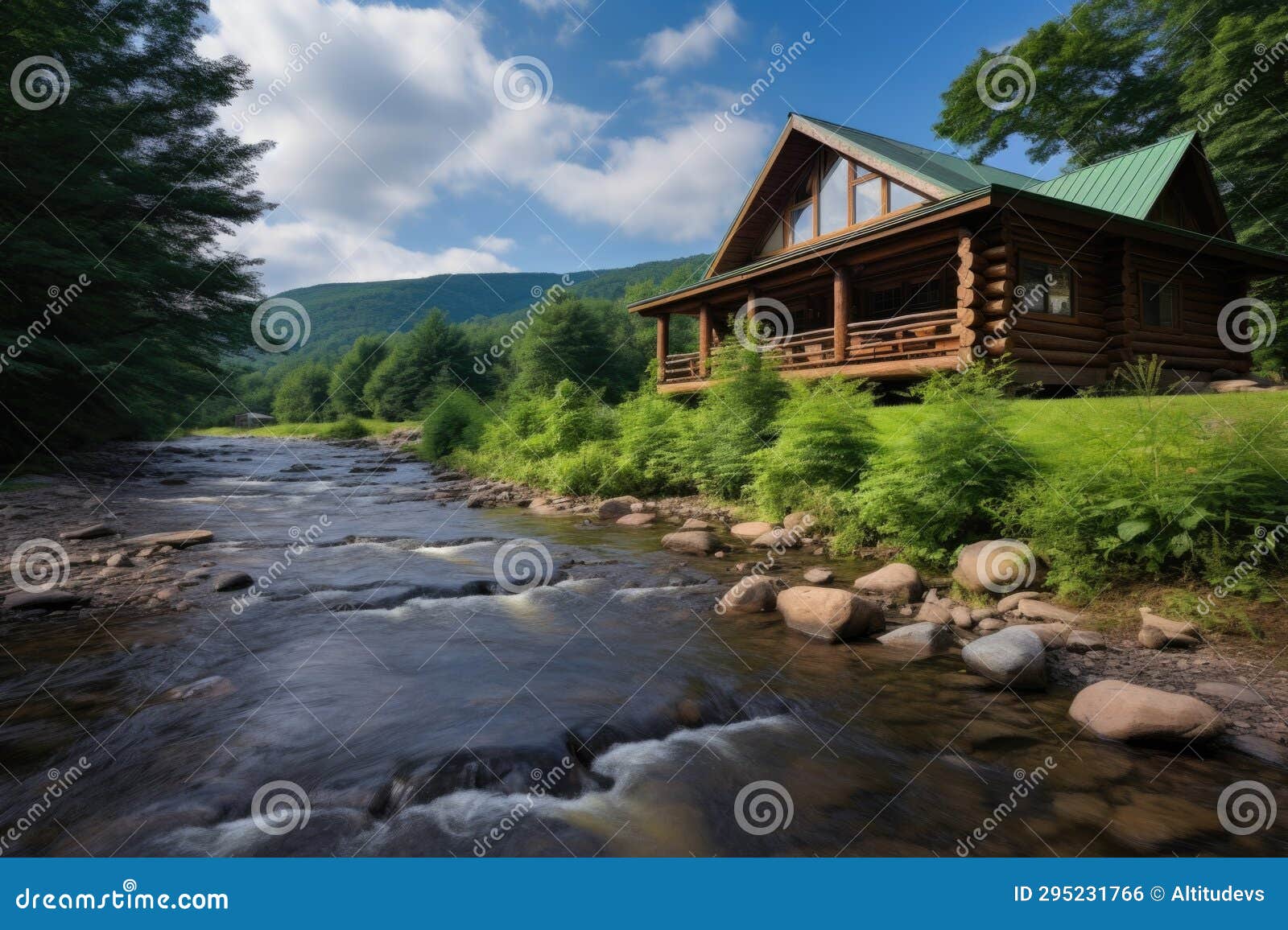 Log Cabin in a Riverside Mountain Setting Stock Photo - Image of ...