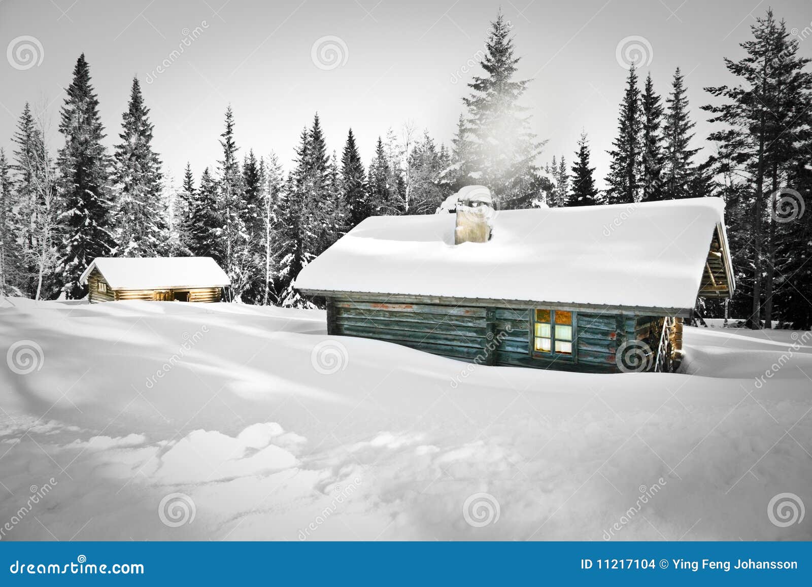 Log cabin in snow stock photo. Image of smoke, scandinavian - 11217104