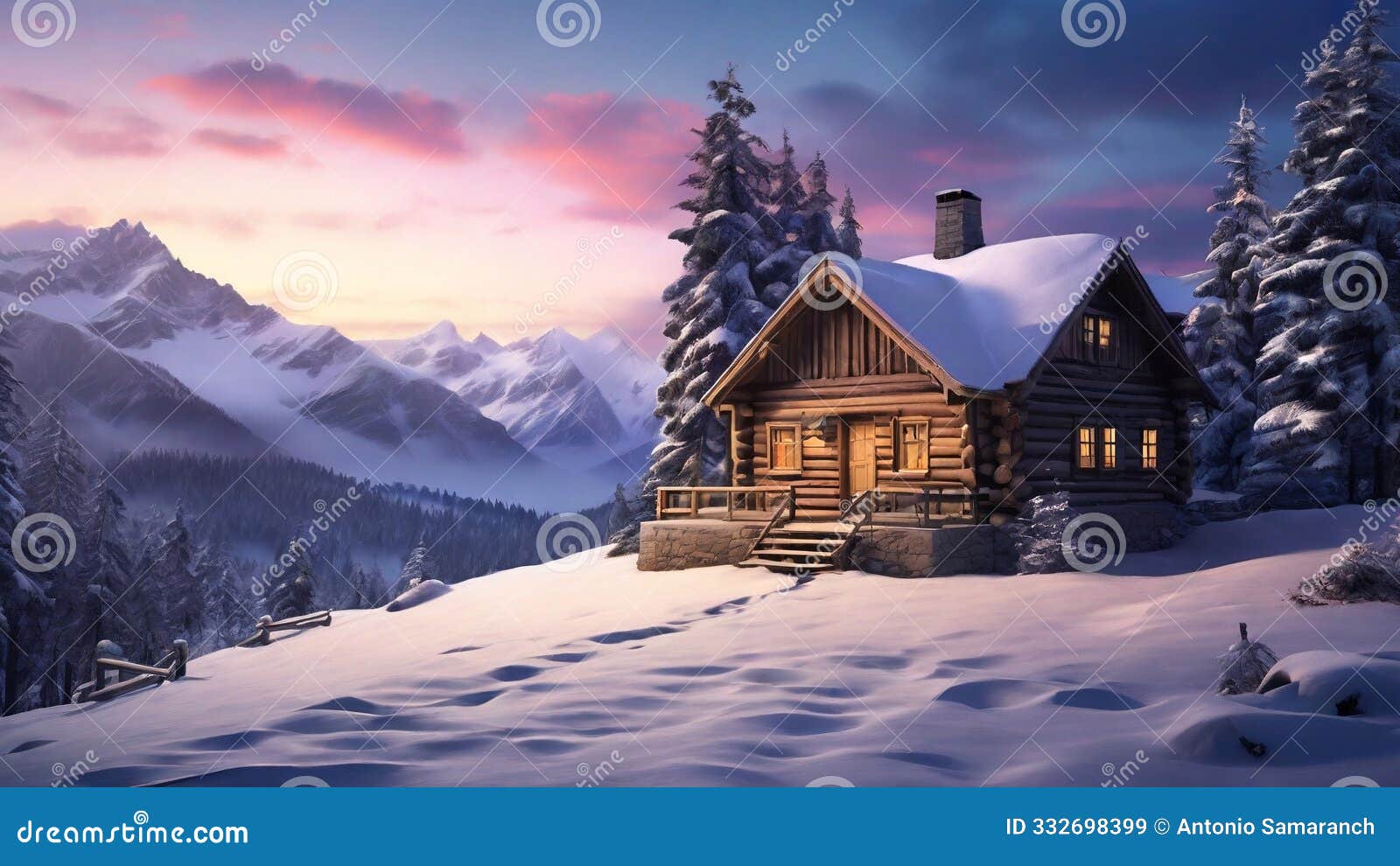 A Log Cabin with Snow on the Roof Stock Image - Image of dawn, tree ...