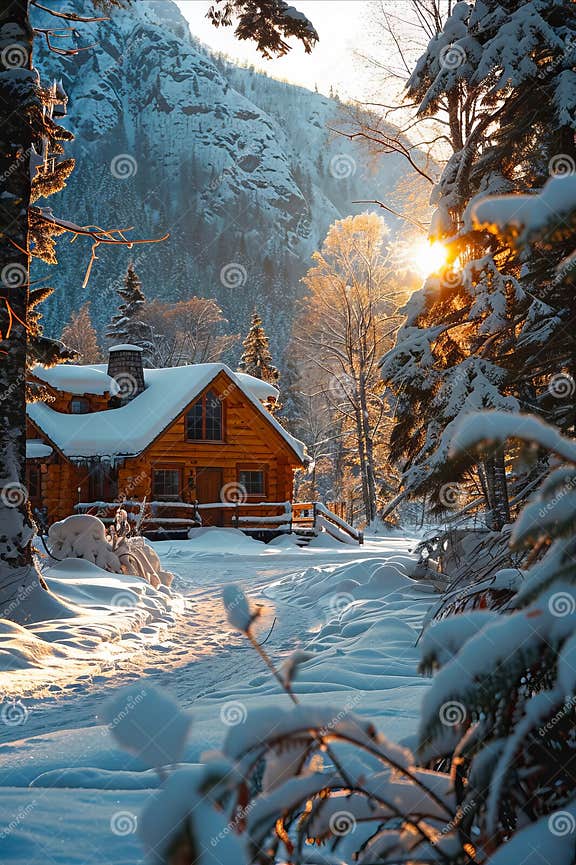 A Log Cabin in the Snow Surrounded by Trees Stock Photo - Image of ...