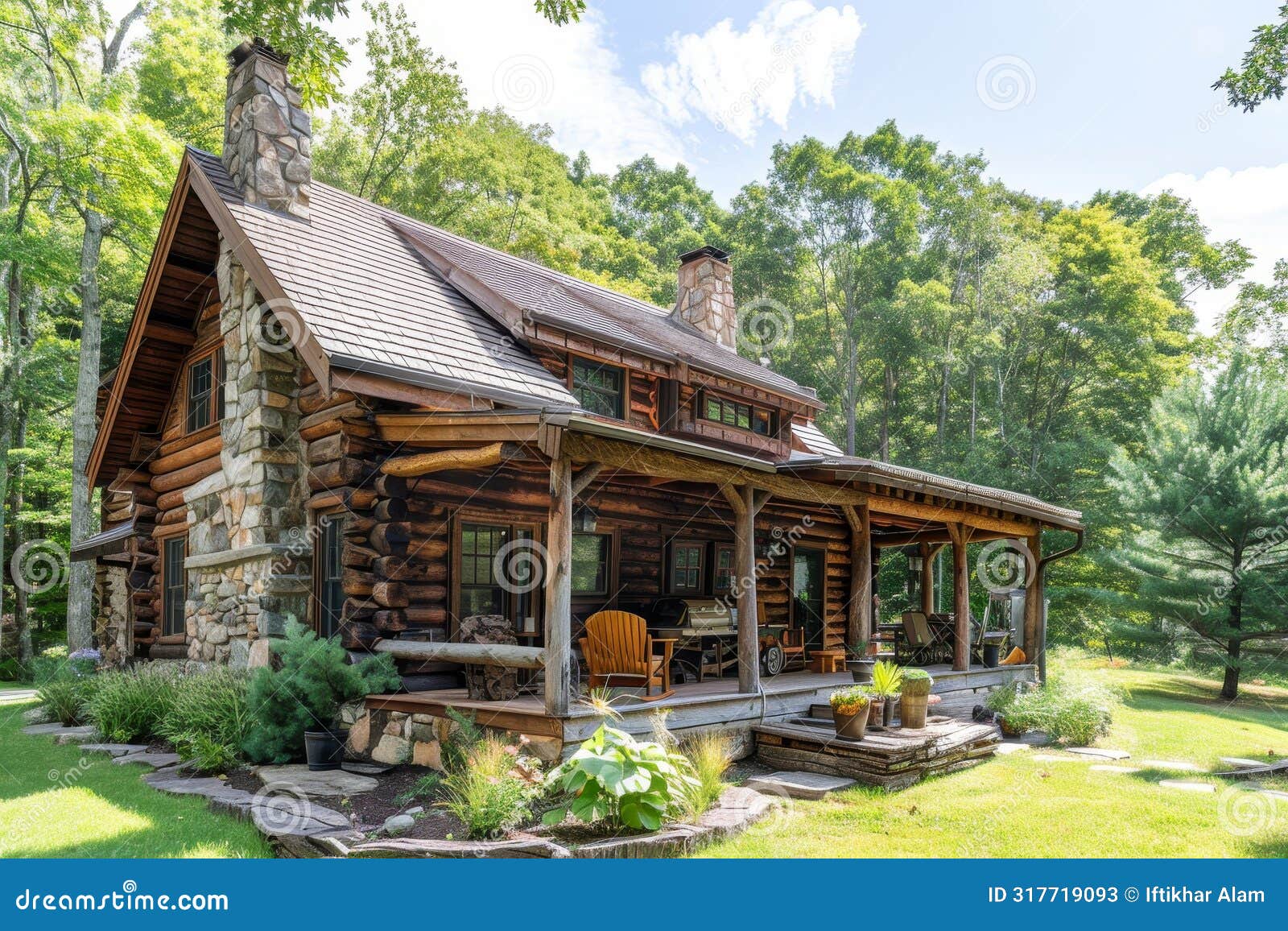 A Log Cabin with a Stone Fireplace Nestled in a Forest Setting, a ...