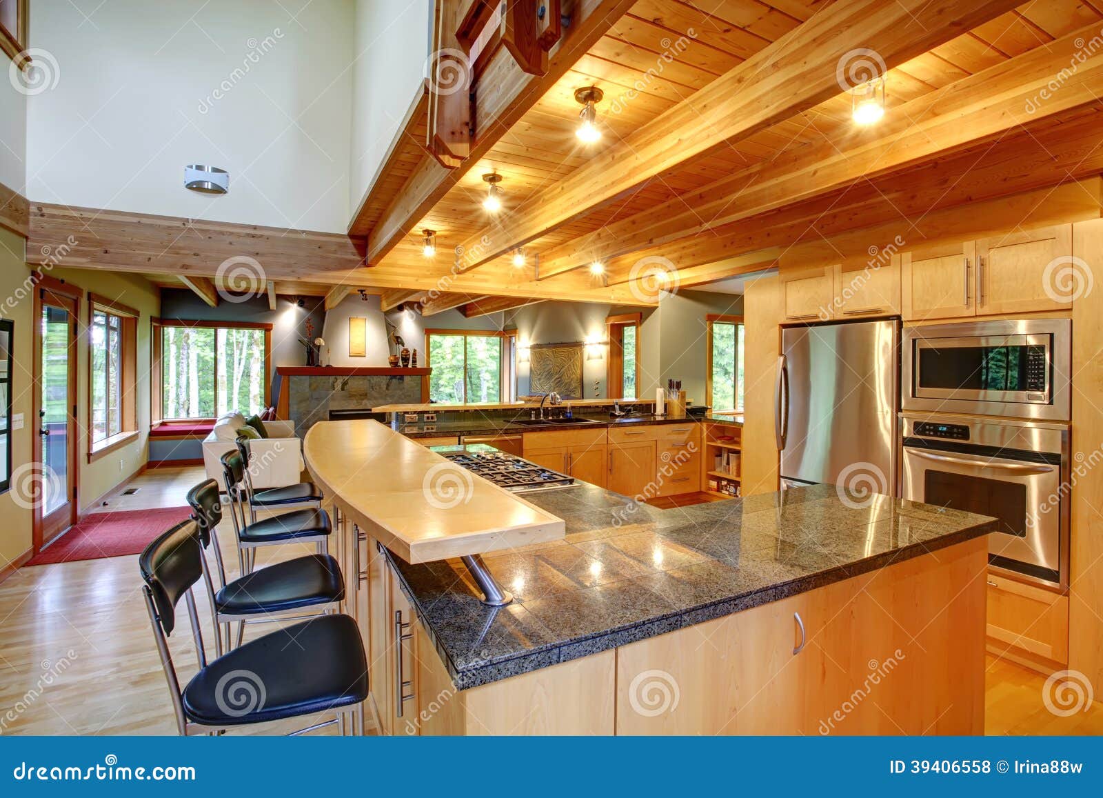 Log Cabin Style. Kitchen Interior Stock Photo - Image of ceiling ...