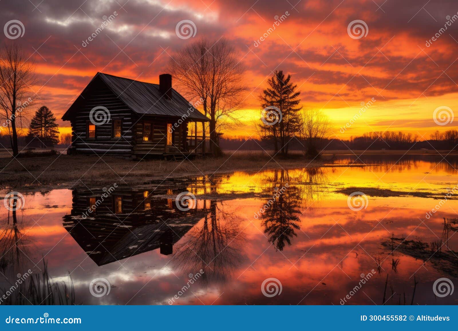 Log Cabin at Sunset, with the Golden Sky Reflecting on Its Windows ...