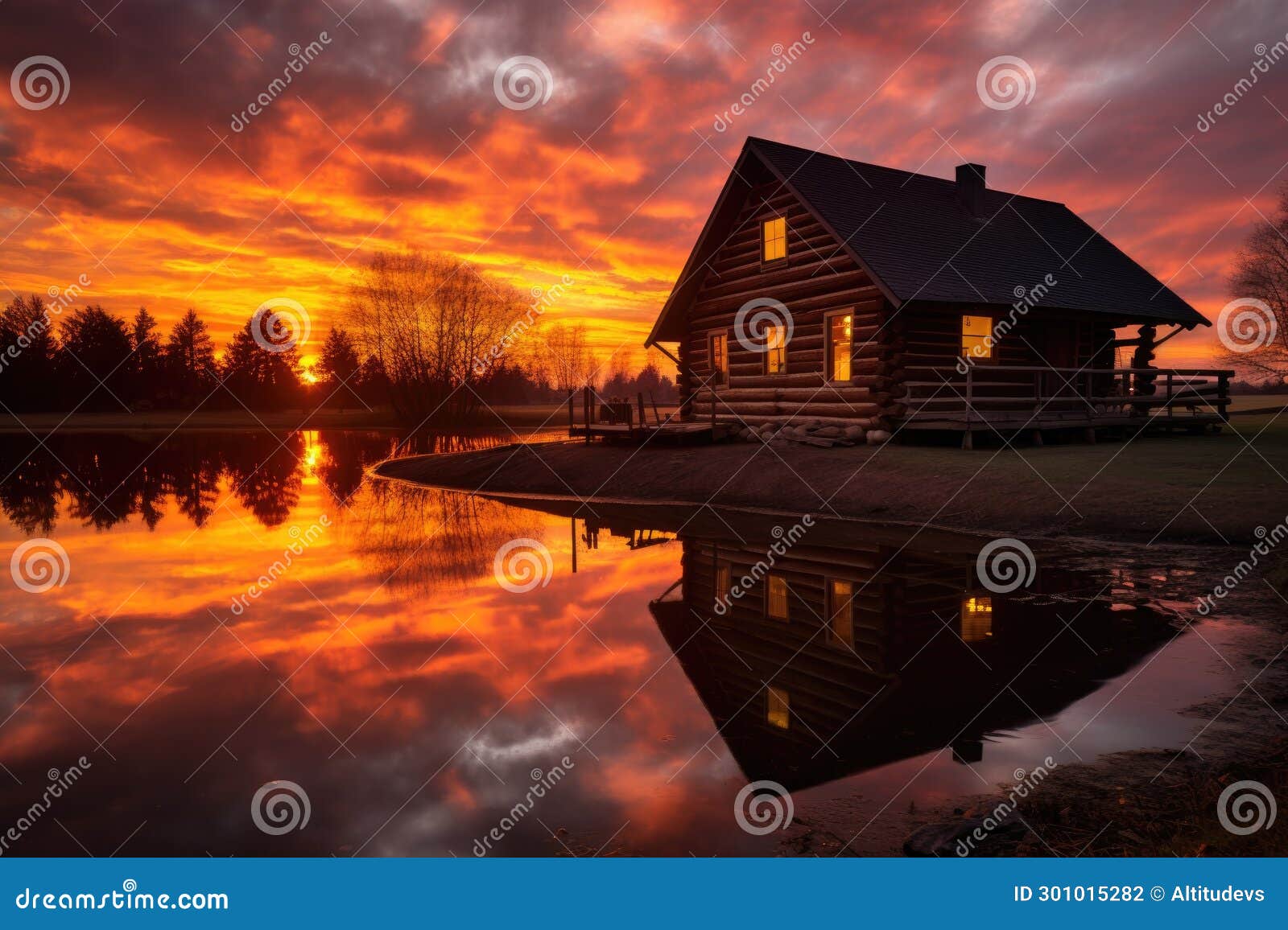 Log Cabin at Sunset, with the Golden Sky Reflecting on Its Windows ...