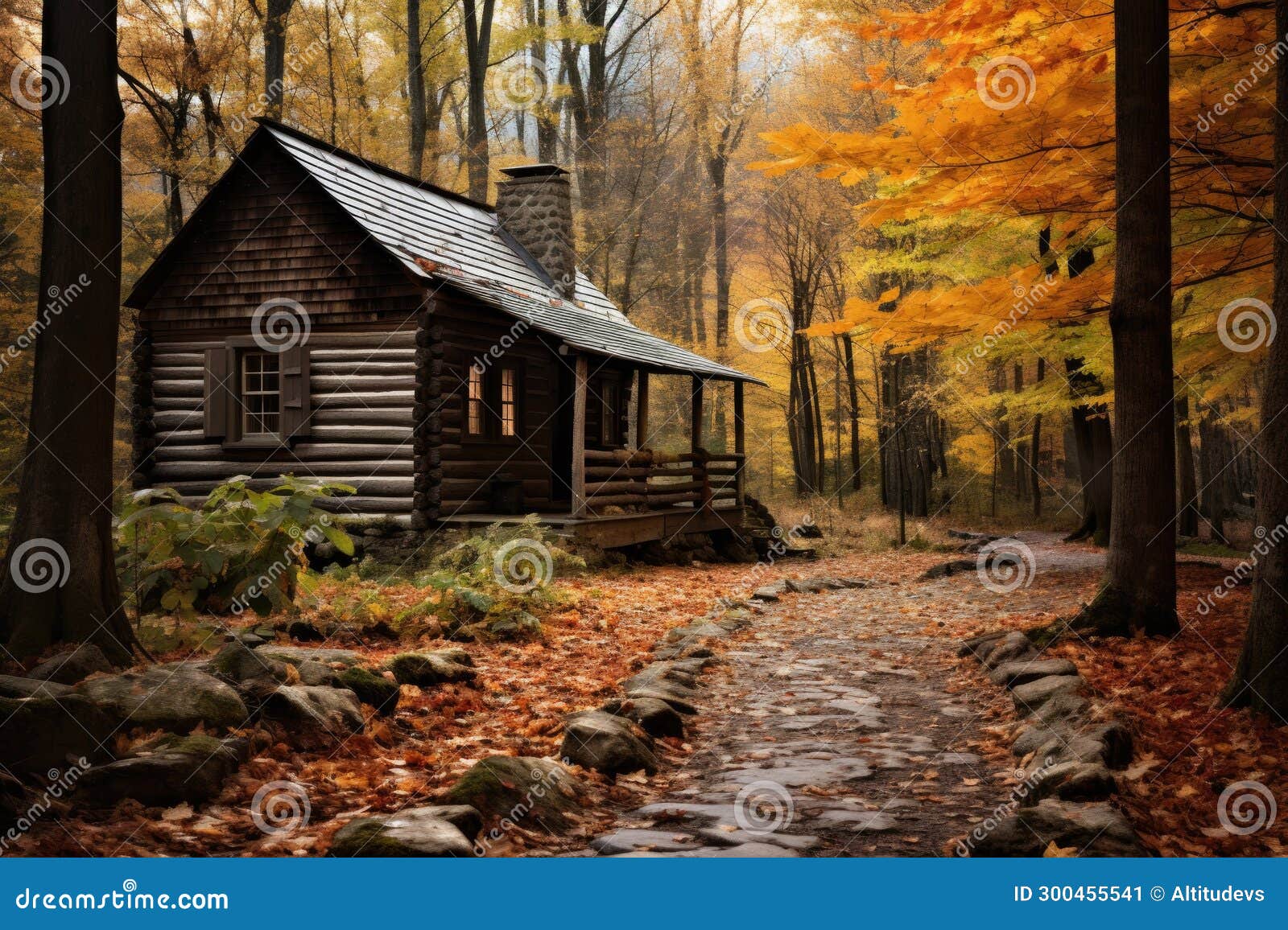 Log Cabin Surrounded by Dense Forest in Autumn Stock Image - Image of ...