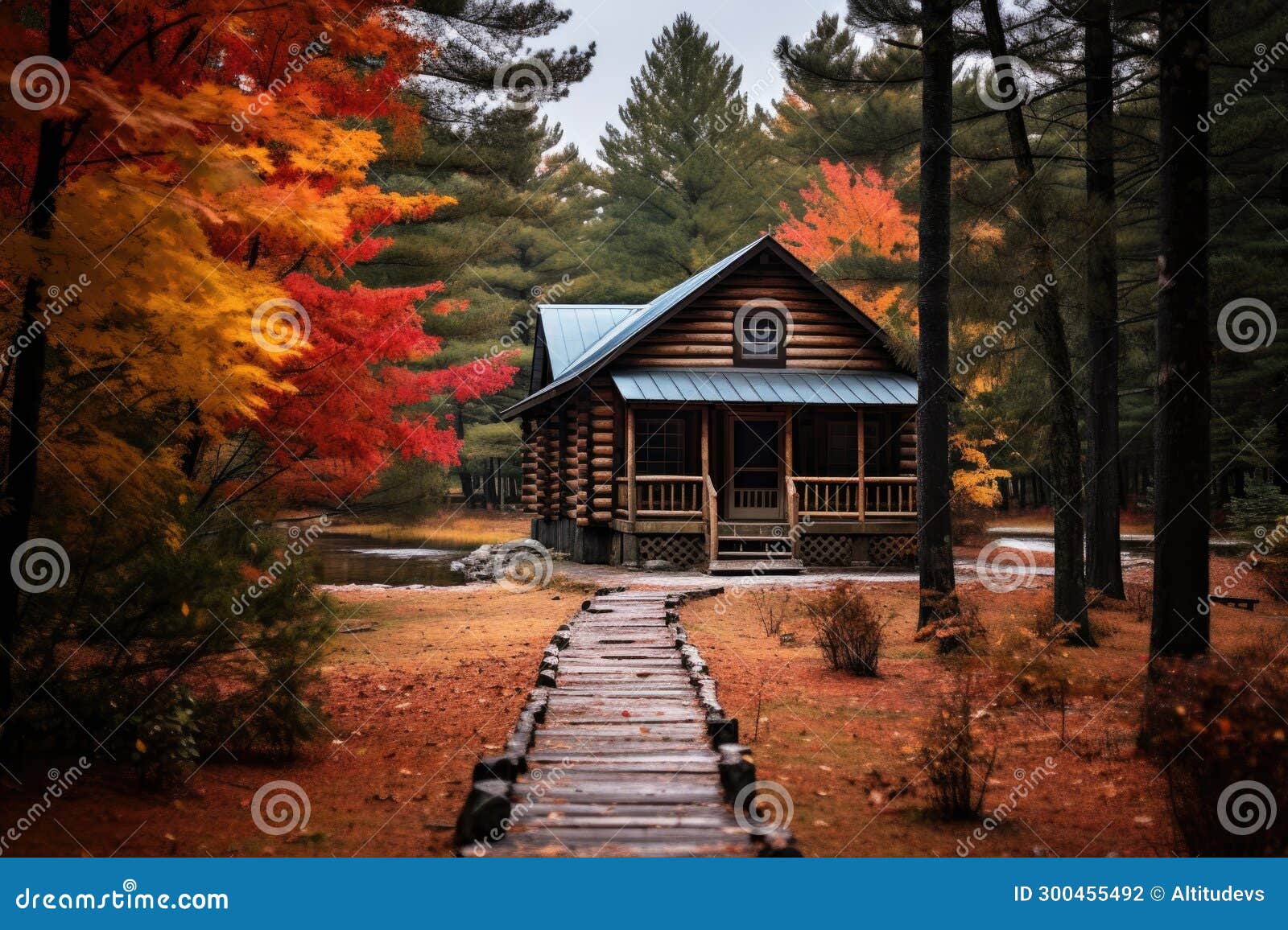 A Log Cabin Surrounded by Tall Pine Trees during Autumn Stock Photo ...