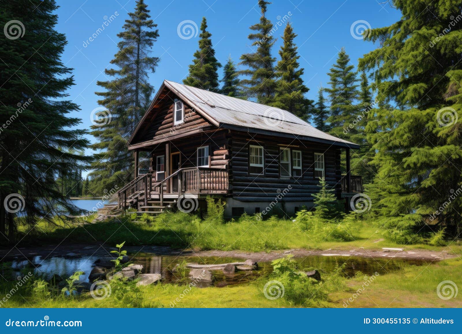A Log Cabin Surrounded by Tall Pine Trees Under a Clear Blue Sky Stock ...