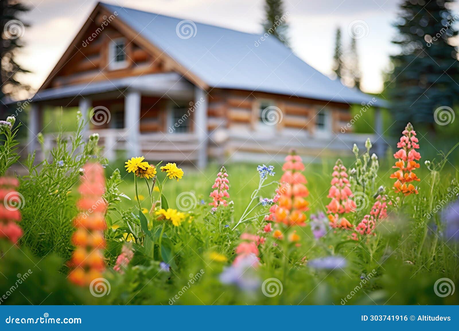 Log Cabin Surrounded by Wildflowers in Bloom Stock Photo - Image of ...