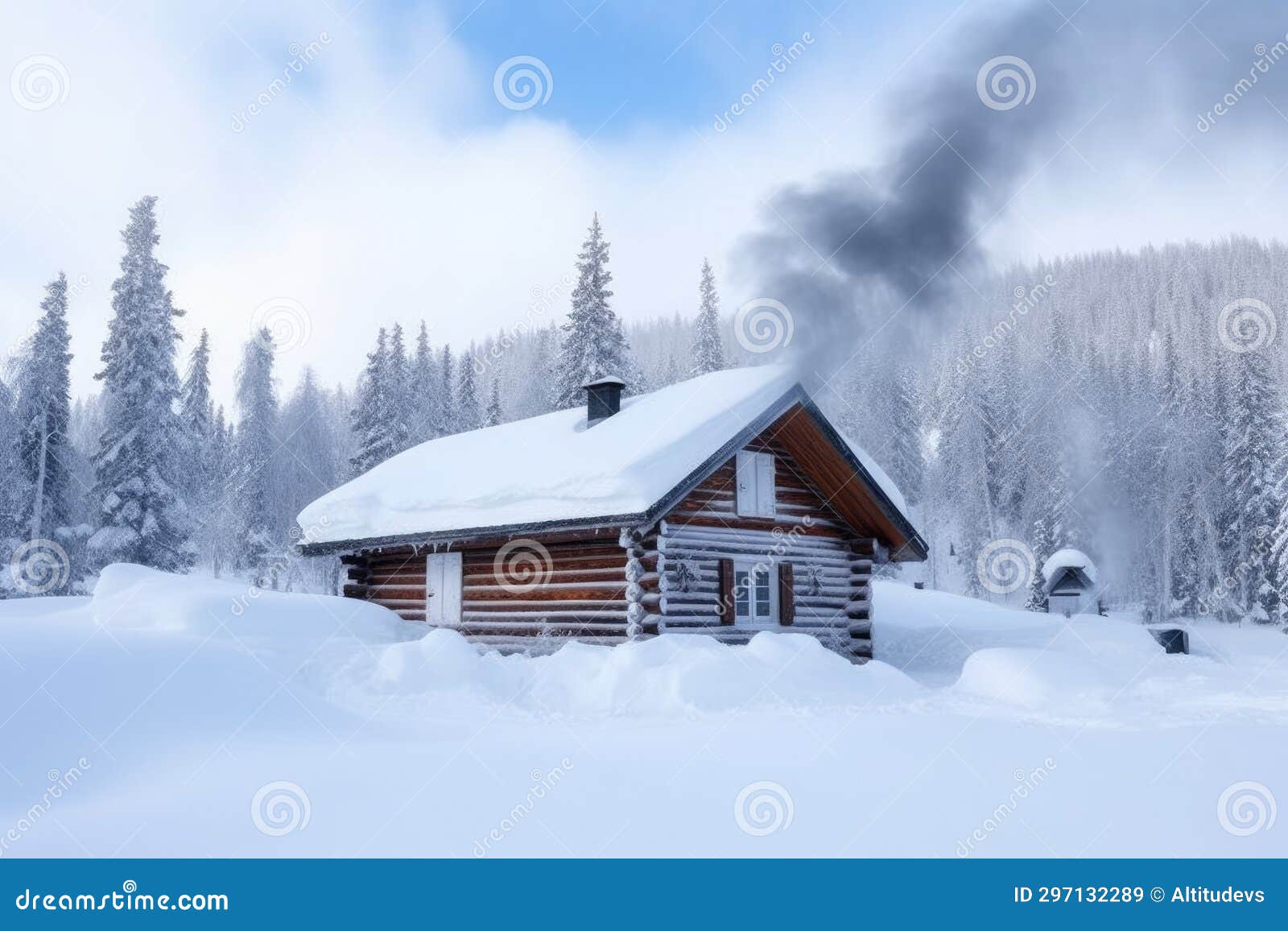 Log Cabin Under Deep Snow with Smoke Curling from the Chimney Stock ...