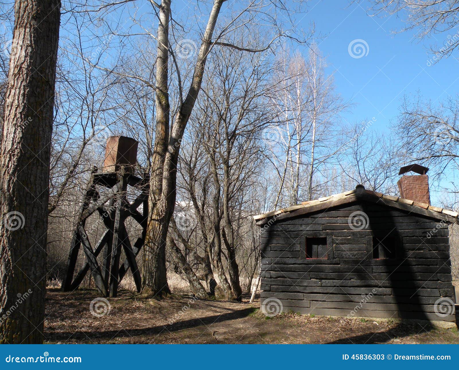 Log cabin and water tank stock image. Image of structure - 45836303