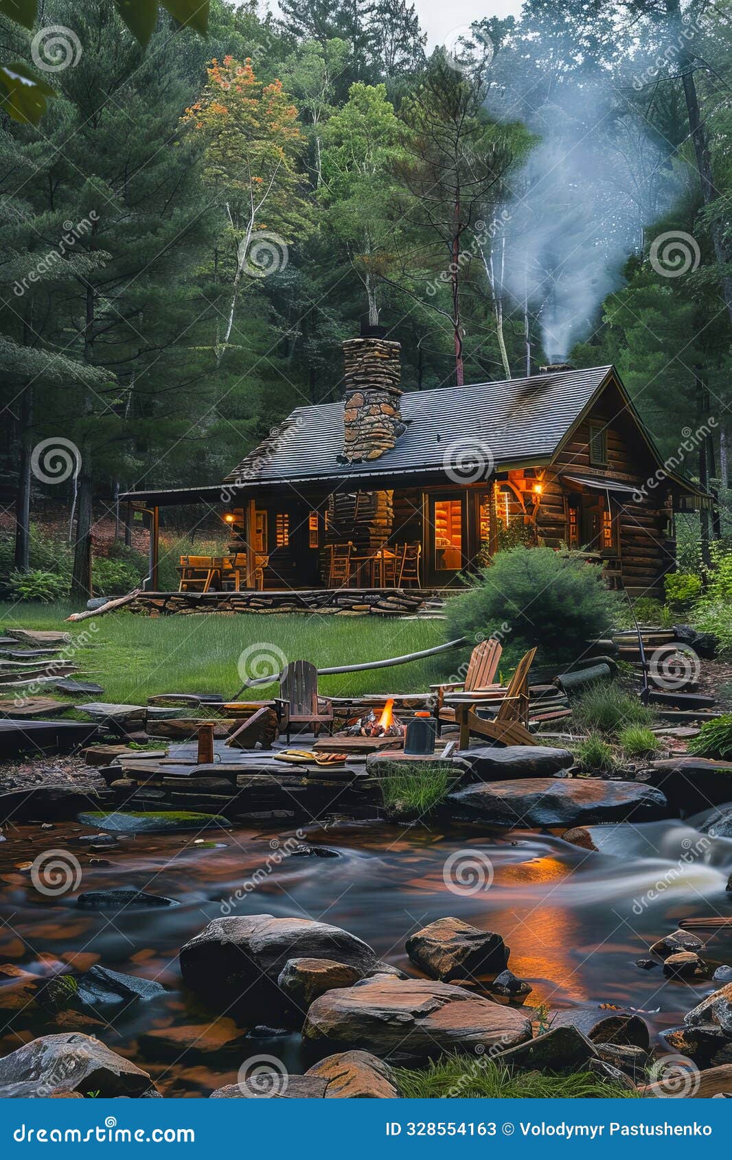 A Log Cabin in the Woods Next To a Stream Stock Image - Image of woods ...