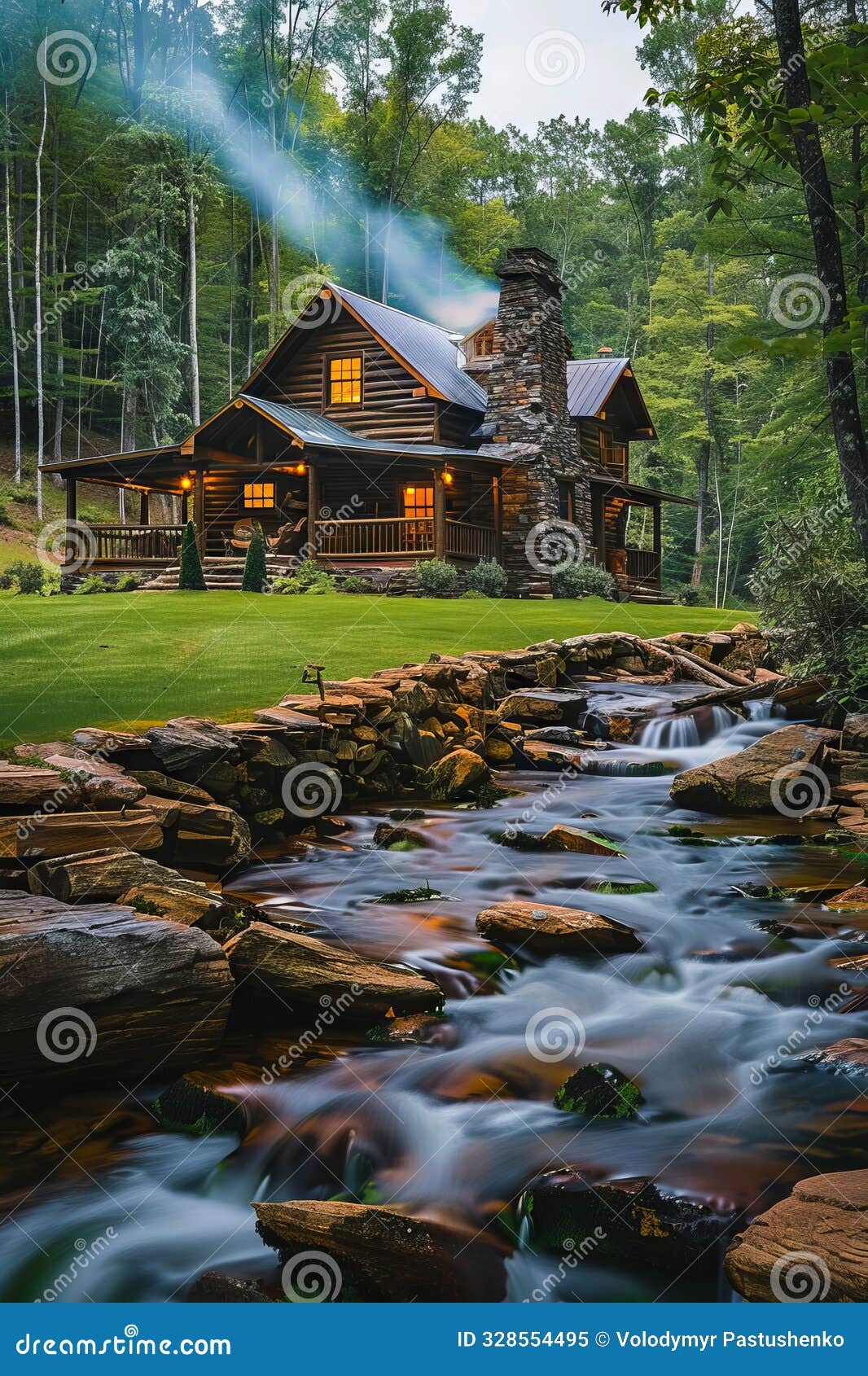 A Log Cabin in the Woods Next To a Stream Stock Image - Image of right ...