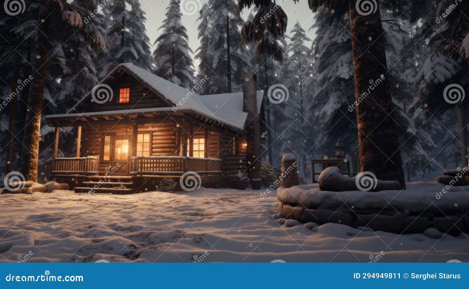 A Log Cabin in the Woods at Night, AI Stock Image - Image of winter ...