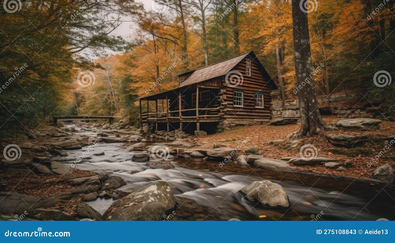 Log Cabin In The Woods With A Stream Serene Cozy Lodge Home In Autumn Forest With River Stock